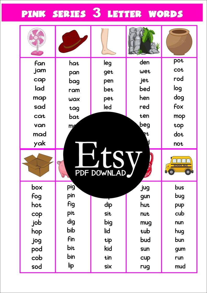 Montessori Pink Series Vowel Sounds A, E, I, O, U 3 Letter Words With ...