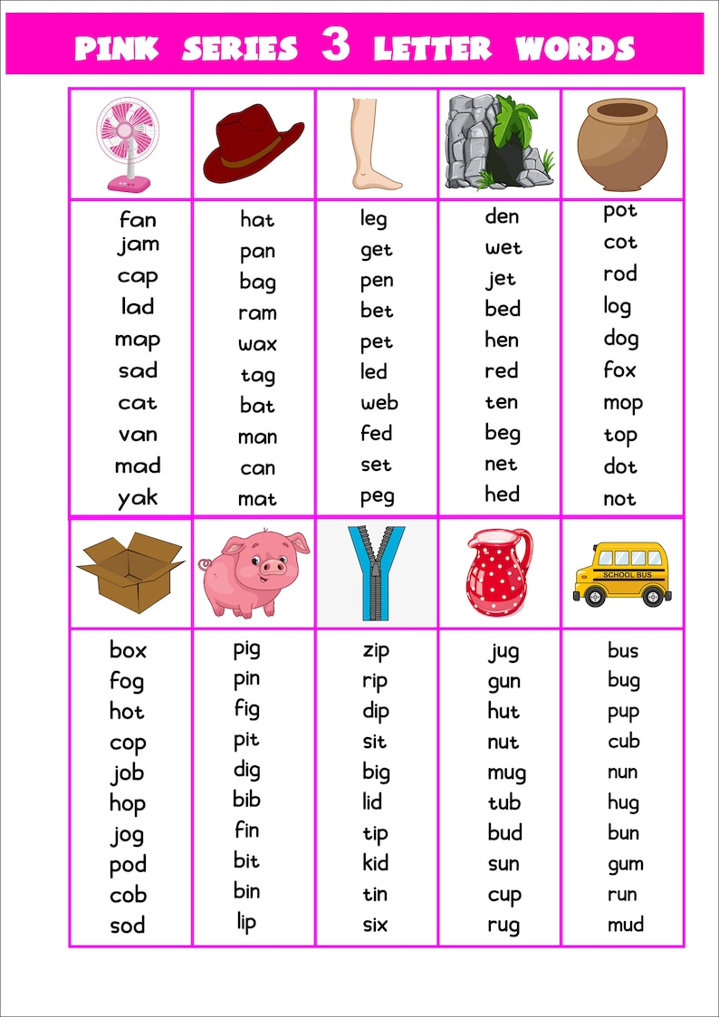 Montessori Pink Series Vowel Sounds A, E, I, O, U 3 Letter Words With ...