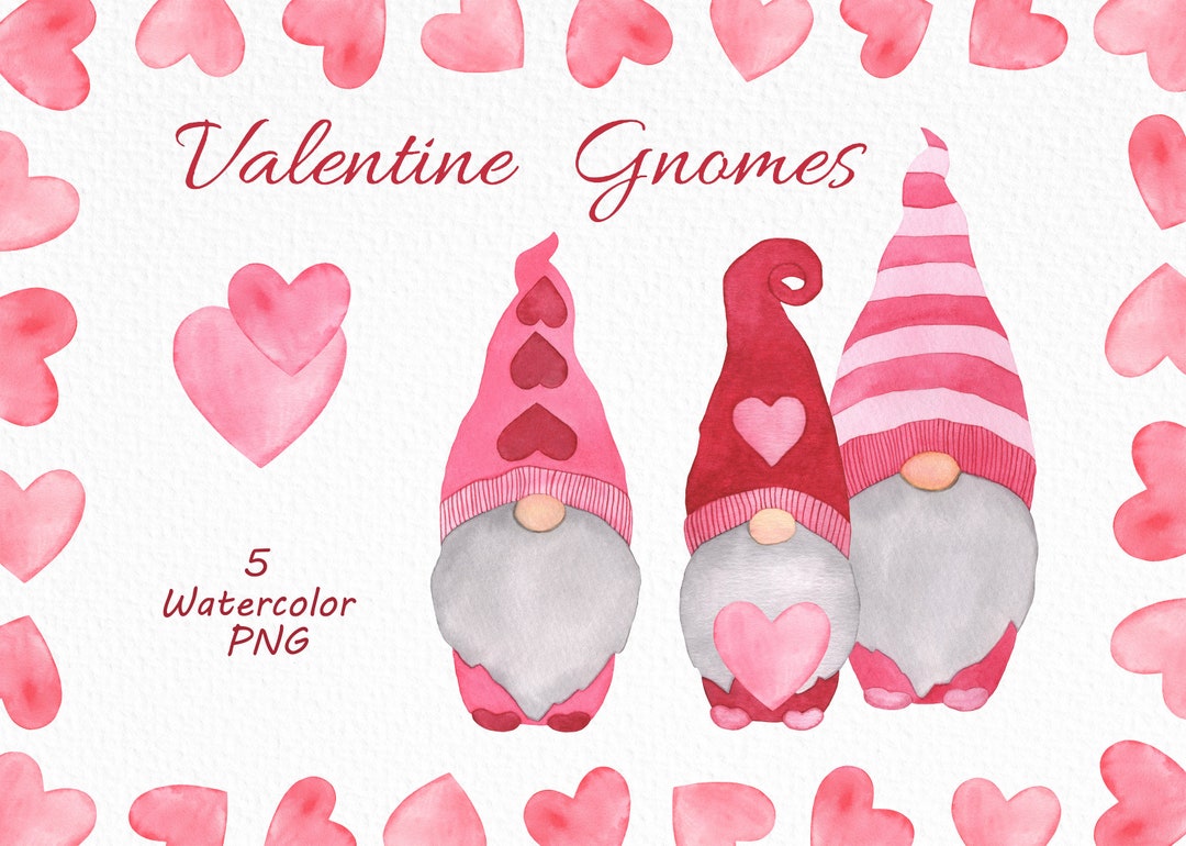 Watercolor Valentine's Gnomes PNG Clipart, Pink Hearts, Scandinavian ...