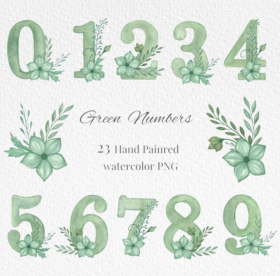 Watercolor Numbers Clipart, Green Flower Numbers, Watercolor Green ...