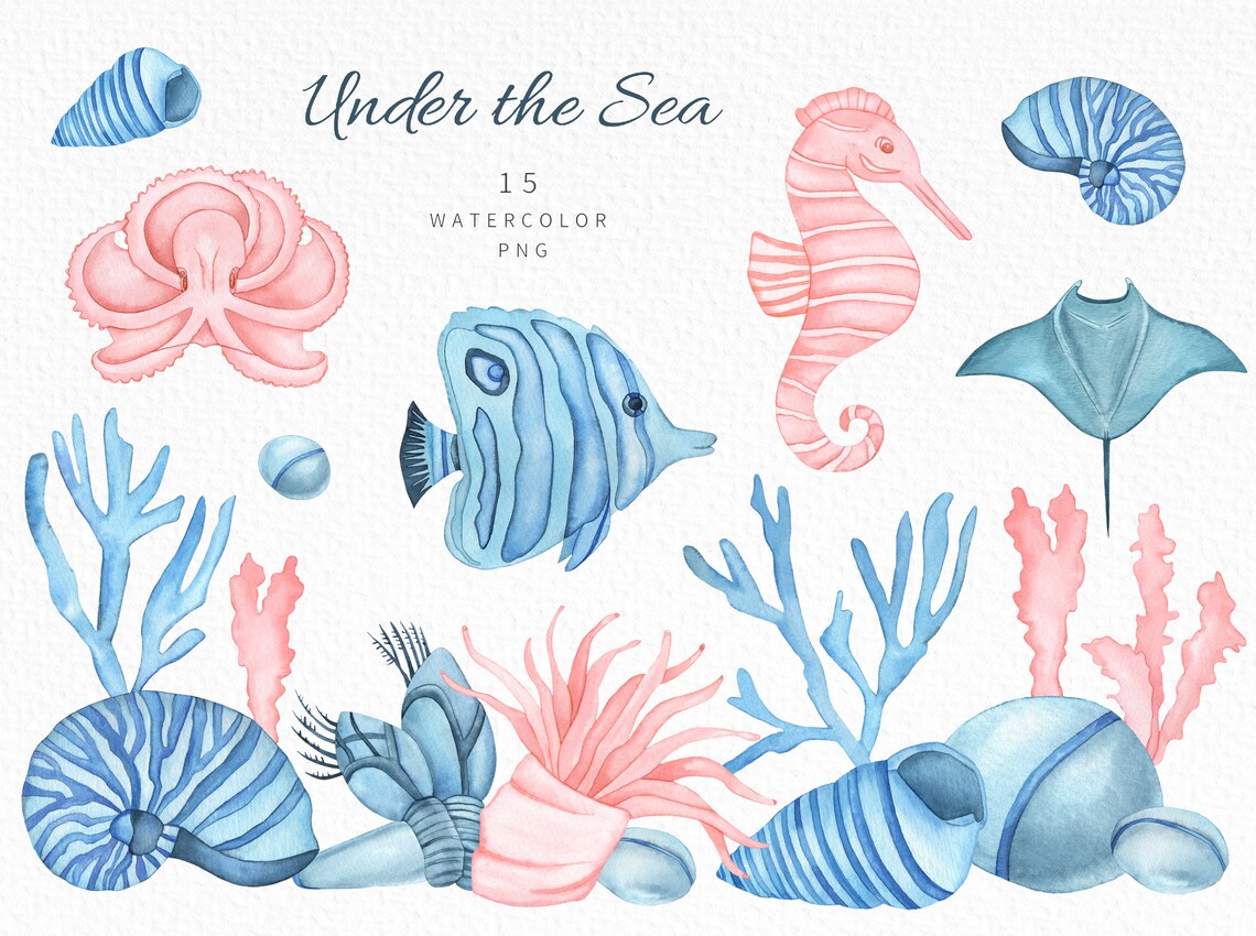 Watercolor Under the Sea Clipart, Sea Life, Fish, Coral Reef - Etsy