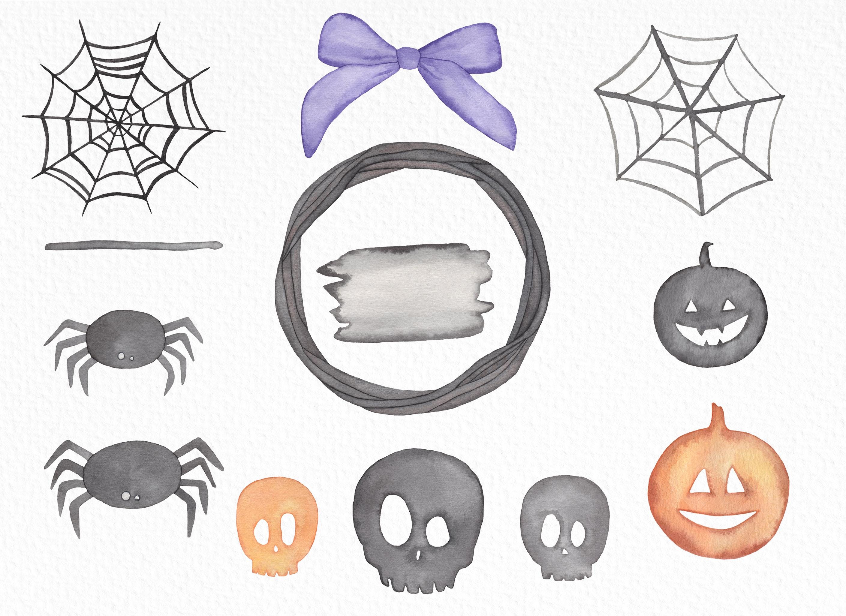 Watercolor Happy Halloween Clipart, Pumpkin Face Clipart, Spider Web ...