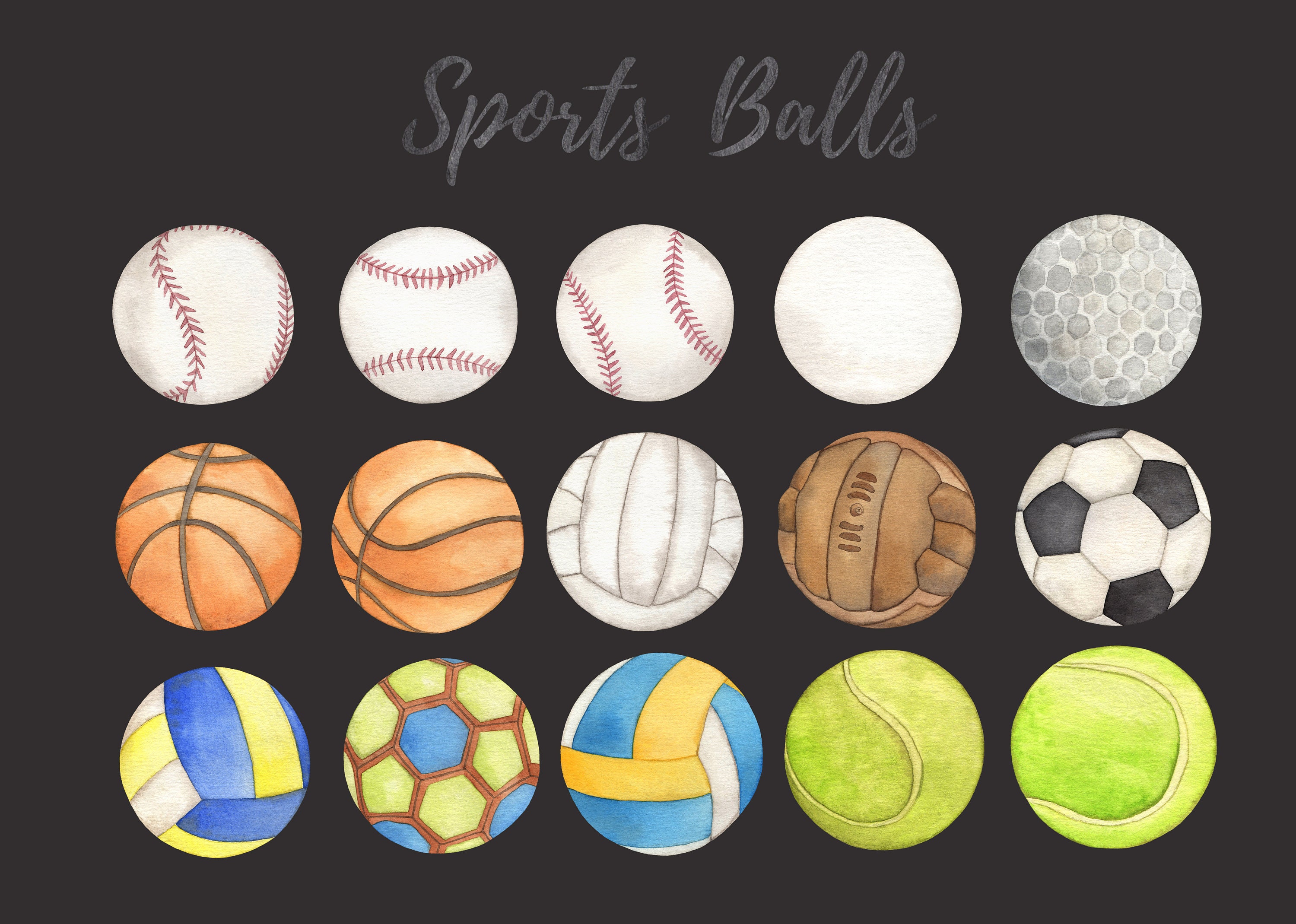 Watercolor Sports Balls Clipart, Sports Clipart, Baseball Football ...