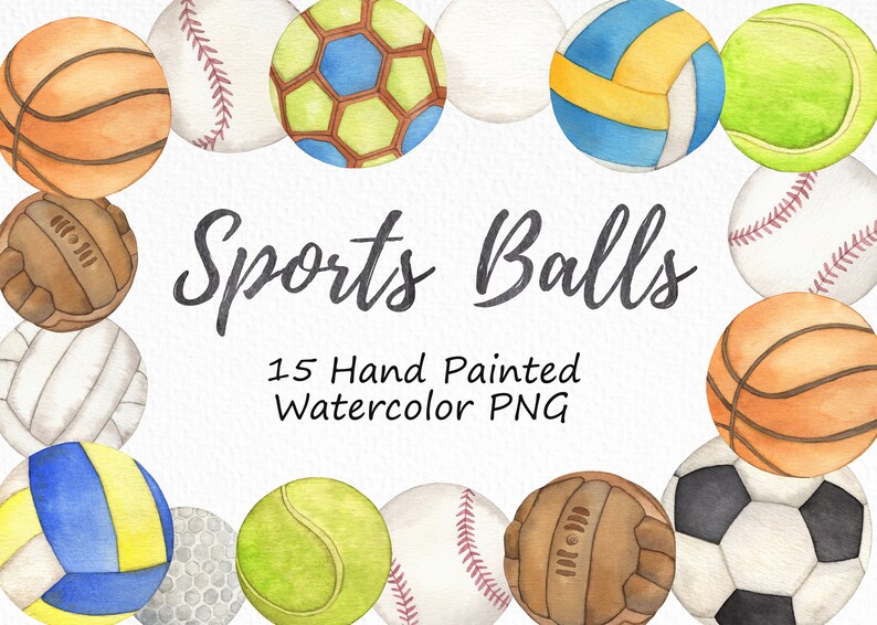 Watercolor Sports Balls Clipart, Sports Clipart, Baseball Football ...