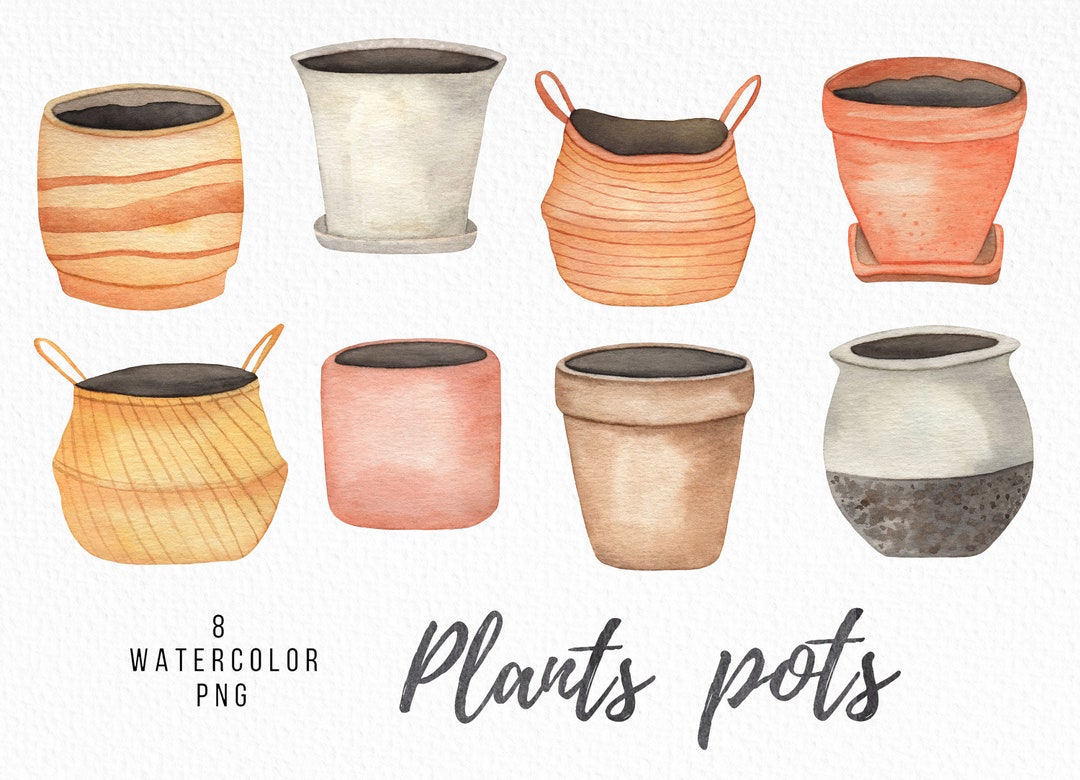 Watercolor Boho Flower Pots Clipart, Plants Pots Clipart, Home Plants ...