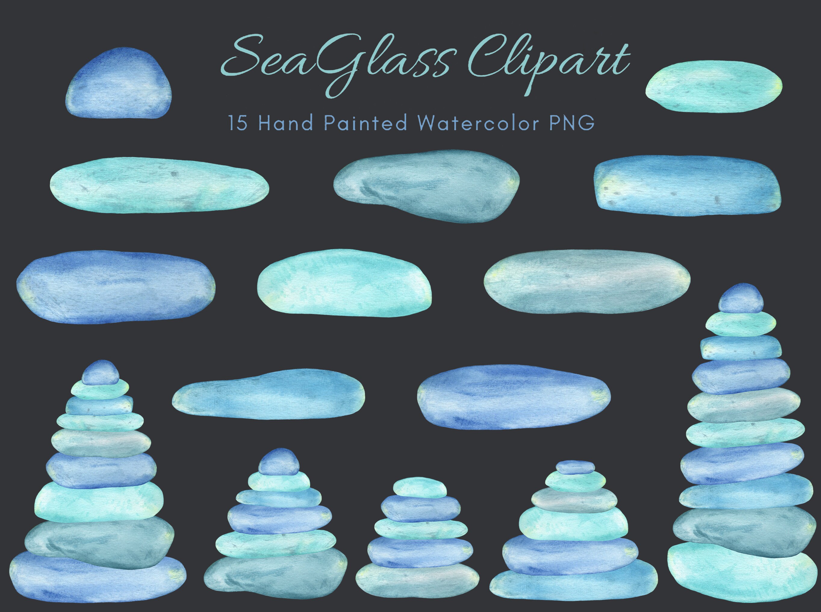 Watercolor Sea Glass Clipart, Marine Beach Clipart, Blue Sea Glass ...