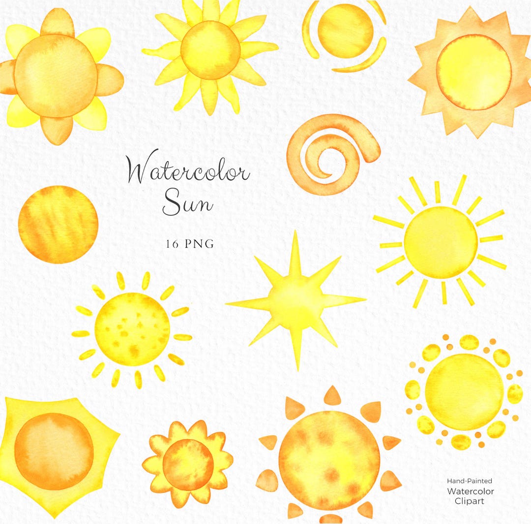Watercolor Sun Clipart, Hand Painted Watercolor Sun Collection, Summer ...