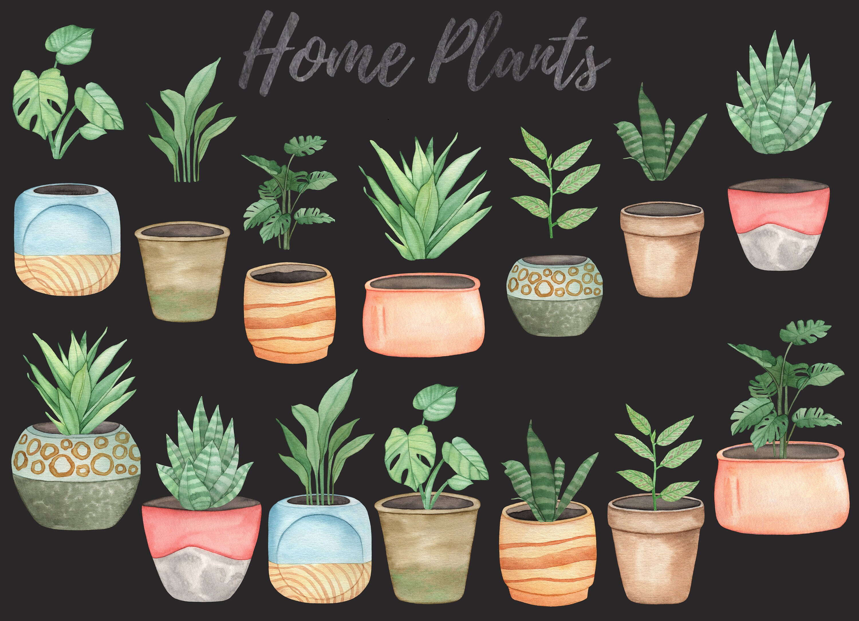 Boho House Plants Clipart, Watercolor Greenery, Indoor Potted Plants - Etsy