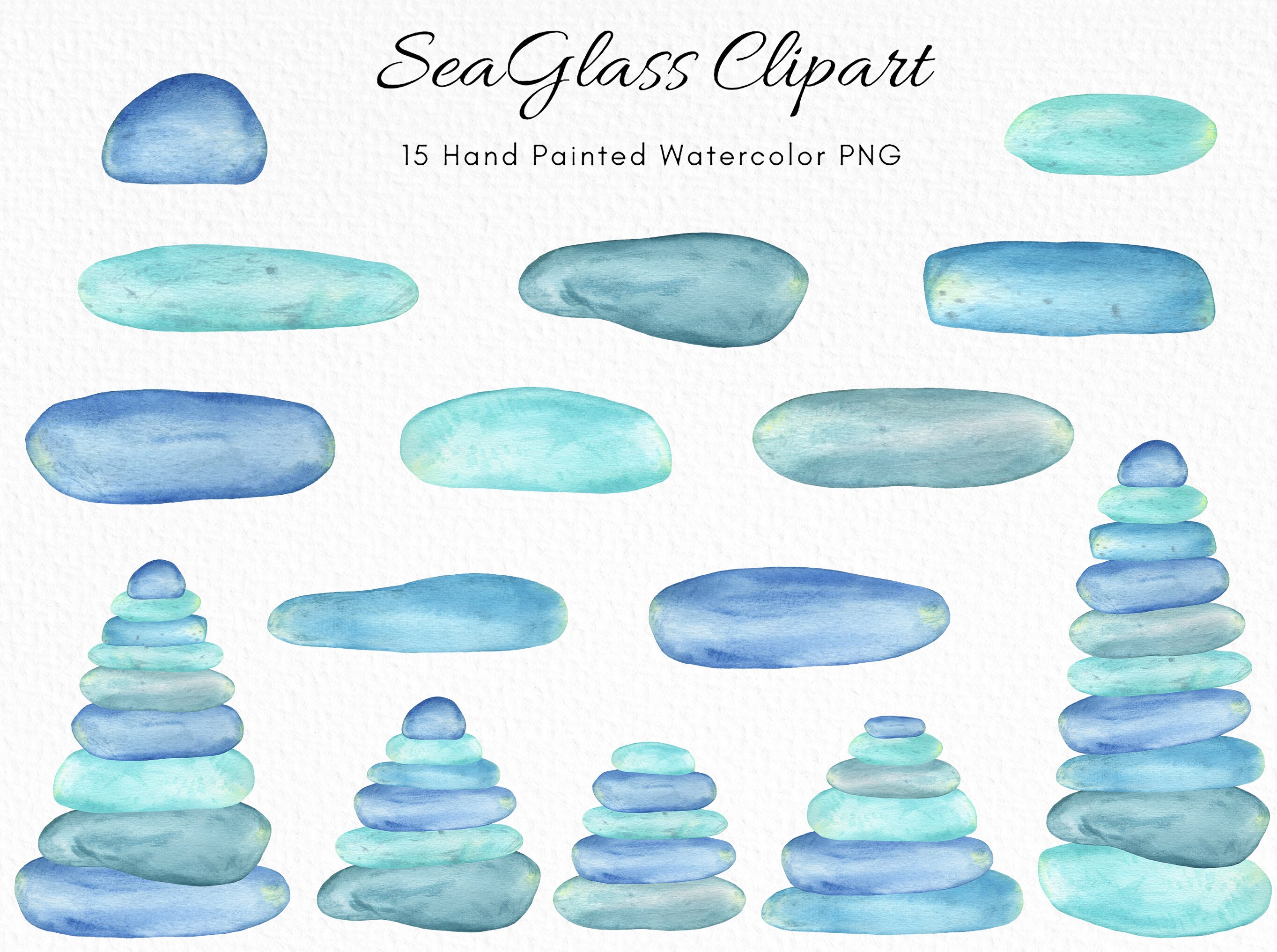 Watercolor Sea Glass Clipart, Marine Beach Clipart, Blue Sea Glass ...