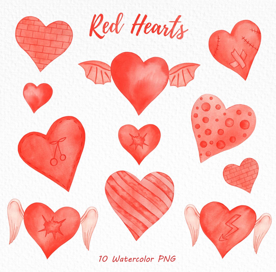 Watercolor Hearts Clipart, Red Hearts Clipart, Valentine's Decor ...