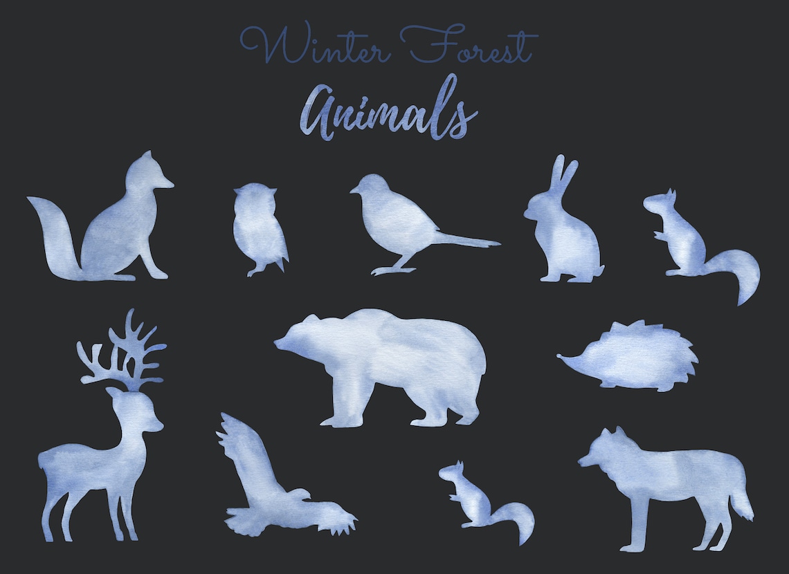 Winter Forest Animals Clipart Watercolor Animal Silhouettes - Etsy