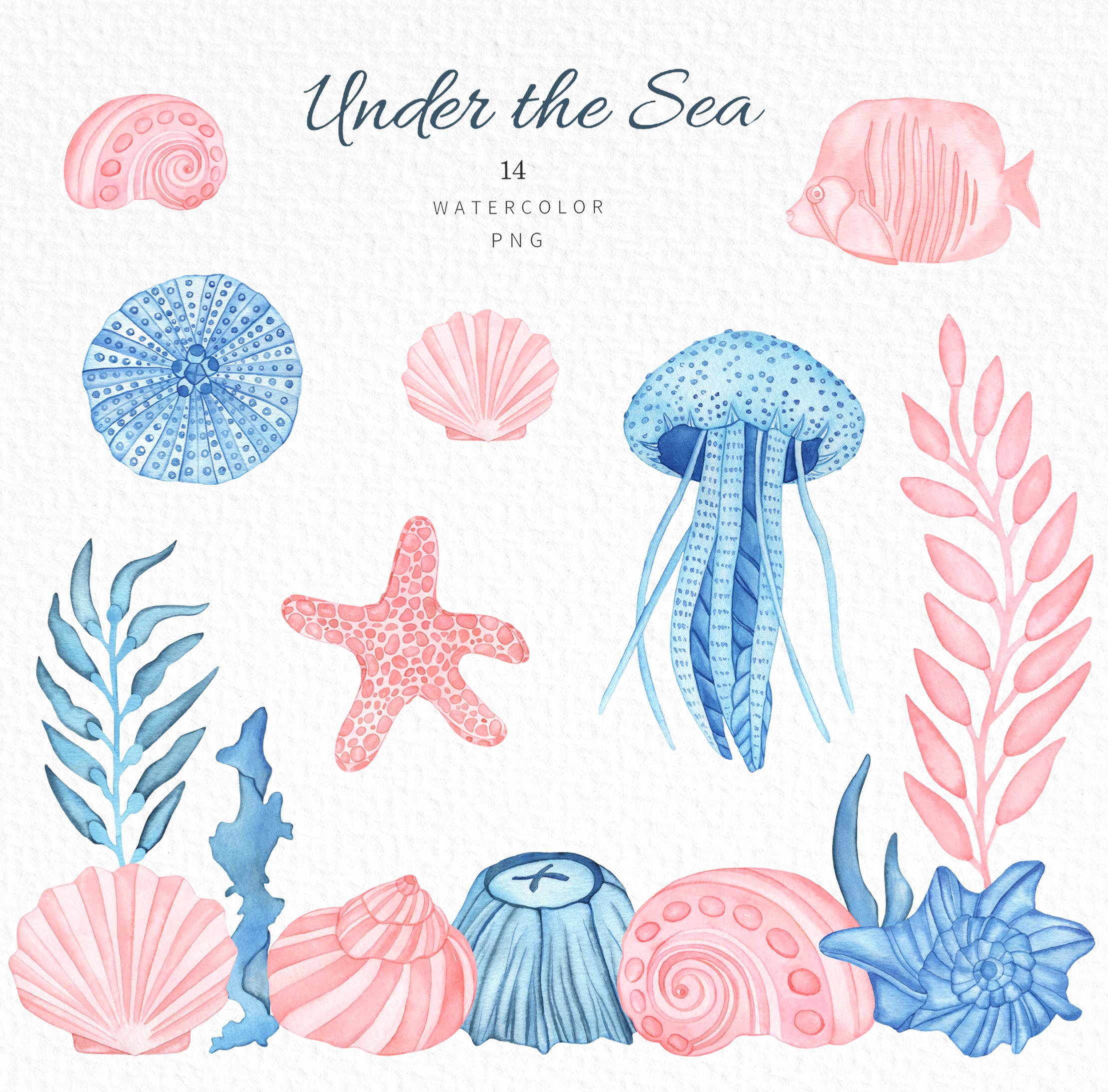 Watercolor Under the Sea Clipart, Sea Life, Fish, Sea Shells, Jelly ...