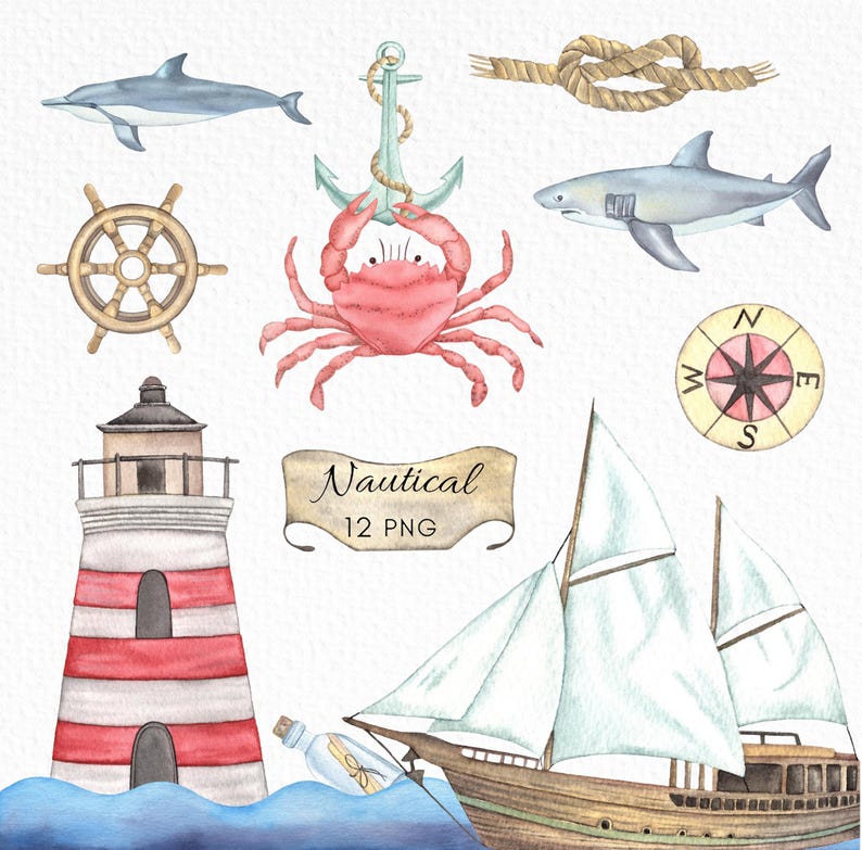 Watercolor Nautical Sea Clipart, Lighthouse, Shark, Wooden Saiboat ...