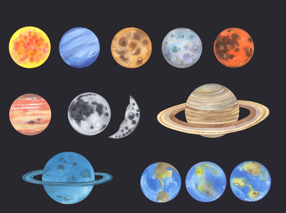 Watercolor Planets Clipart, Solar System Clipart, Earth, Moon, Mars ...