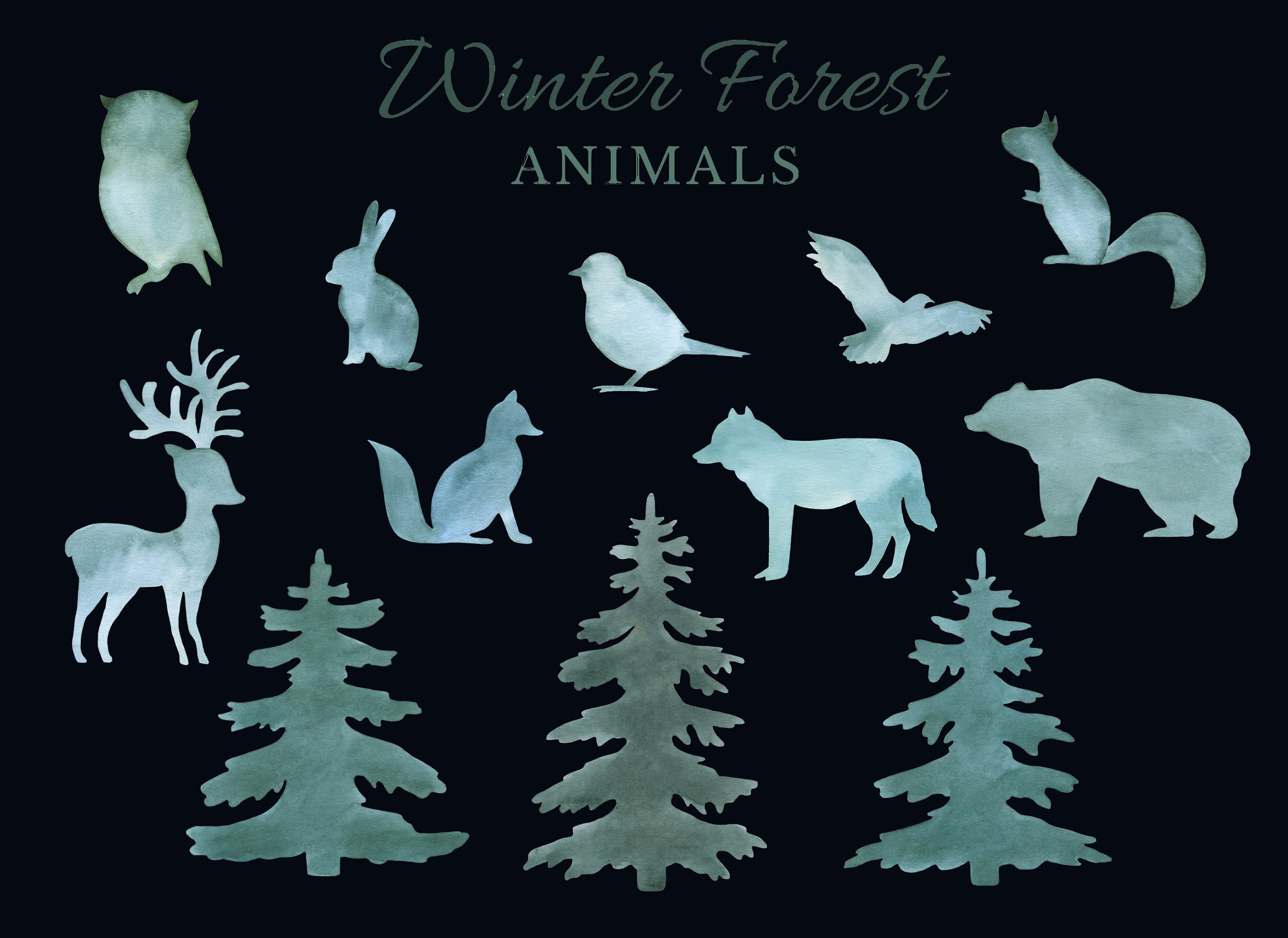 Winter Forest Animals Clipart Watercolor Animal Silhouettes - Etsy