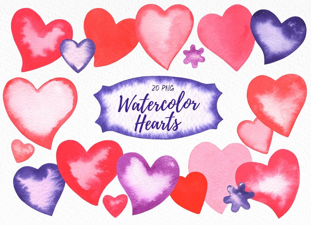 Watercolor Hearts Clipart, Hand Painted Red, Pink and Violet Love ...