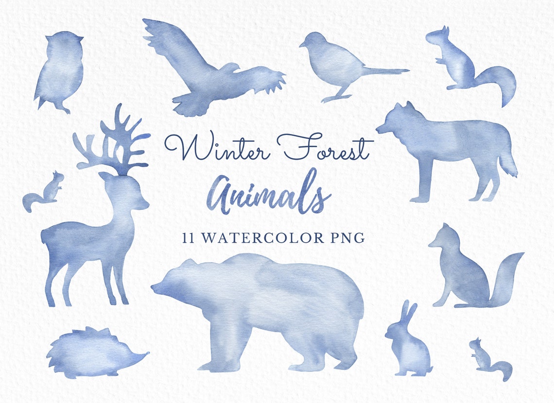 Winter Forest Animals Clipart Watercolor Animal Silhouettes - Etsy