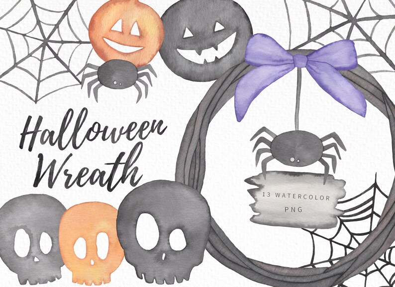 Watercolor Happy Halloween Clipart, Pumpkin Face Clipart, Spider Web ...