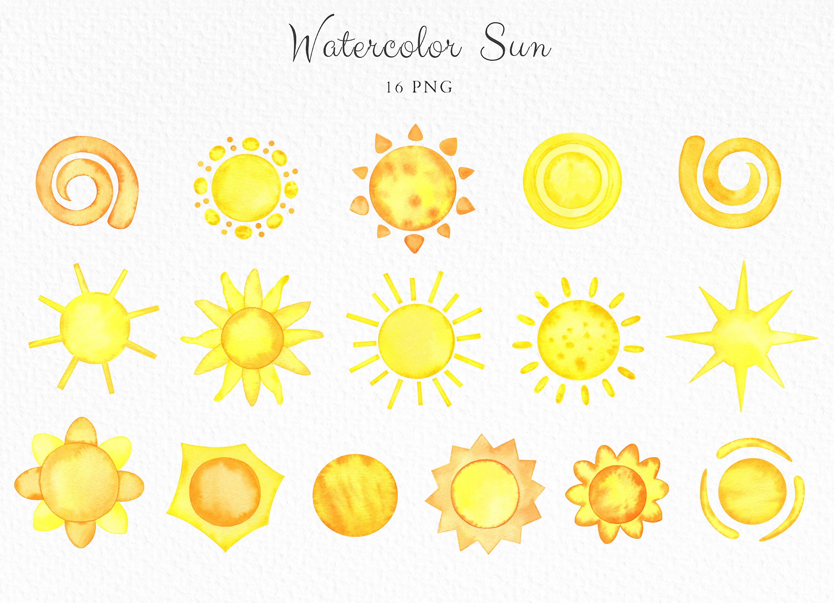 Watercolor Sun Clipart, Hand Painted Watercolor Sun Collection, Summer ...