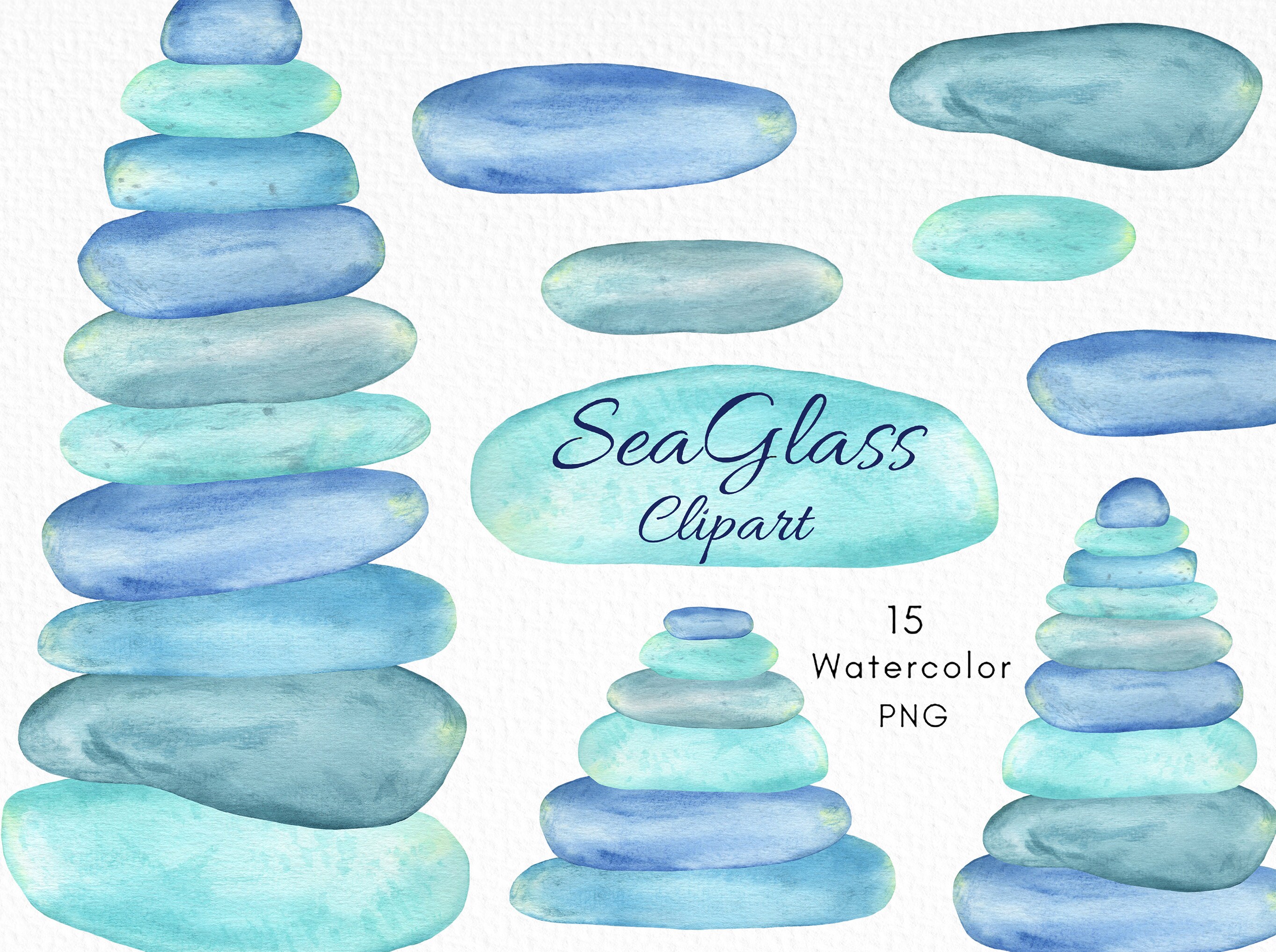 Watercolor Sea Glass Clipart, Marine Beach Clipart, Blue Sea Glass ...