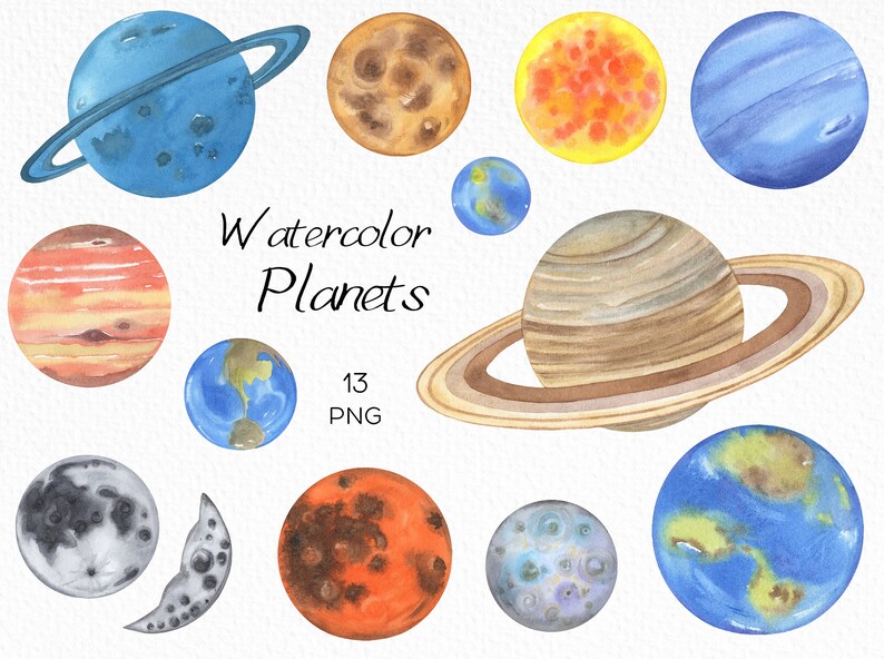 Watercolor Planets Clipart, Solar System Clipart, Earth, Moon, Mars ...