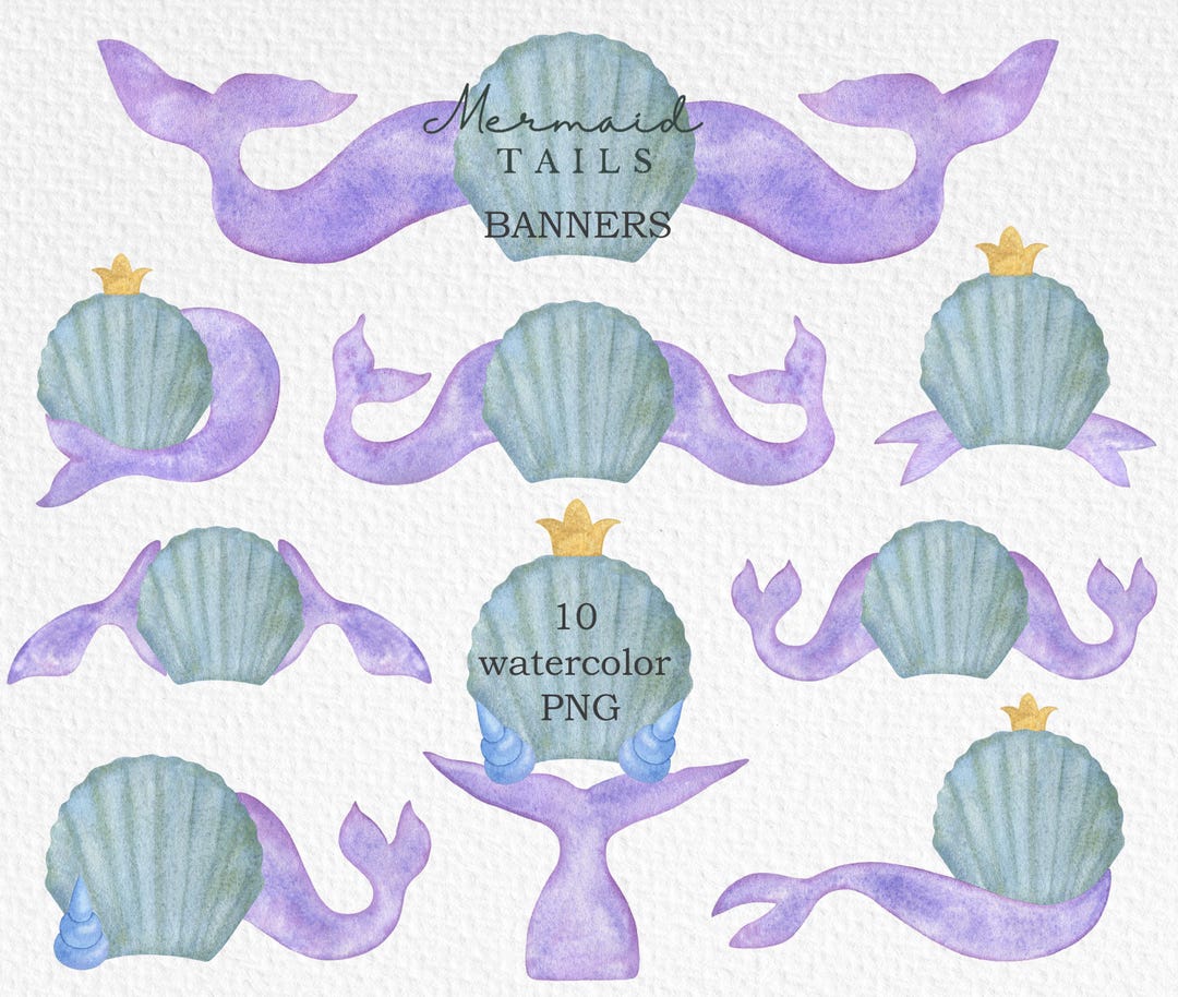 Watercolor Mermaid Tails Clipart, Birthday Banners, Mermaid Clipart PNG ...
