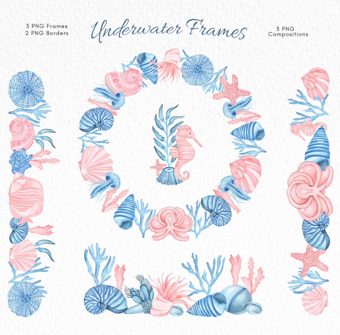 Watercolor Ocean Frames Clipart, Underwater Frames, Watercolor Round ...