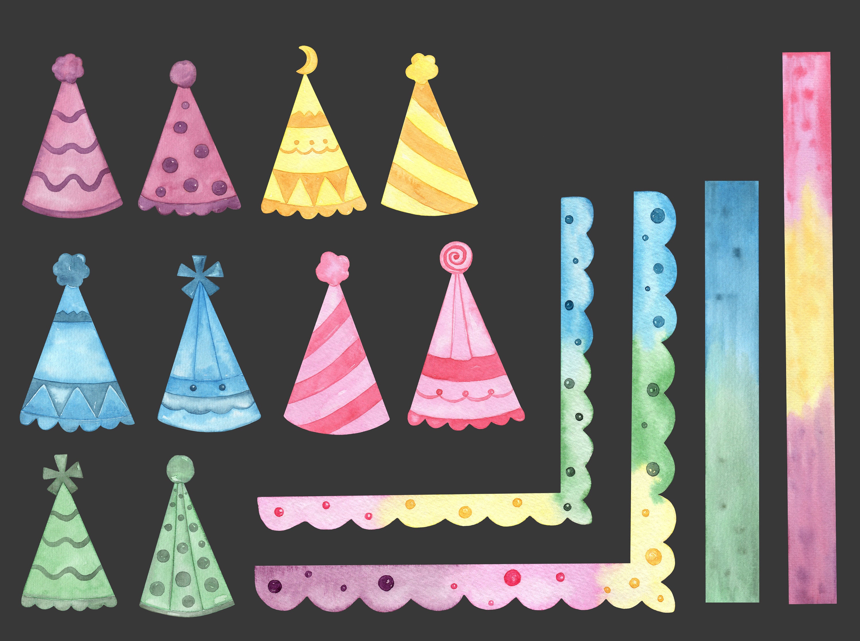 Watercolor Party Hats Clipart, Colorful Birthday Hats and Borders - Etsy