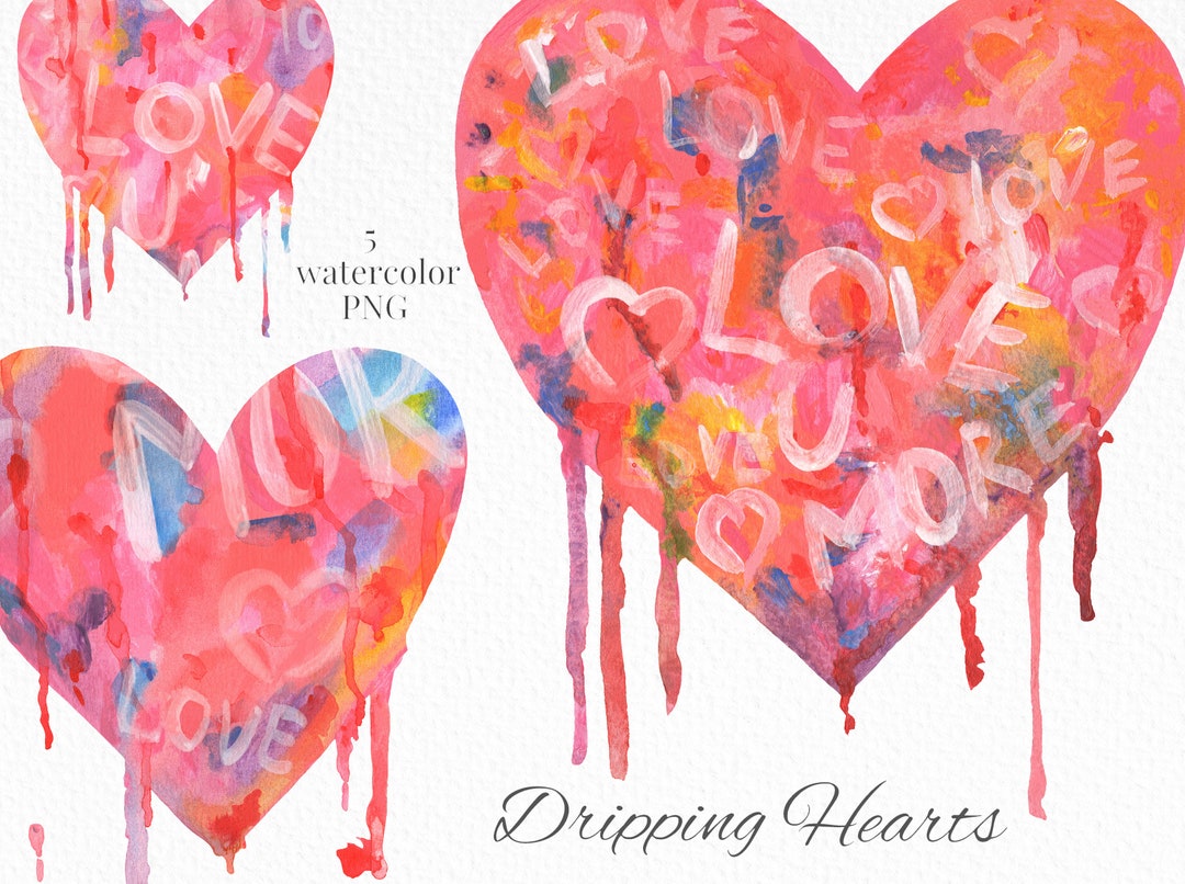 Watercolor Dripping Hearts Clipart, Red Pink Hearts With Love Text - Etsy