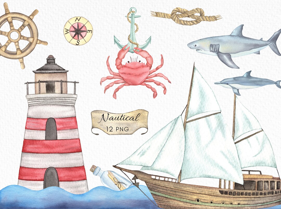 Watercolor Nautical Sea Clipart, Lighthouse, Shark, Wooden Saiboat ...