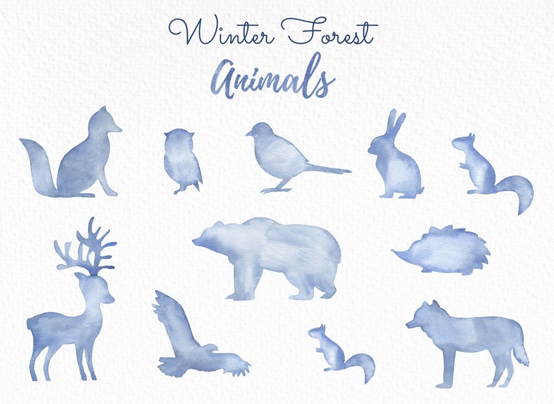 Winter Forest Animals Clipart Watercolor Animal Silhouettes - Etsy