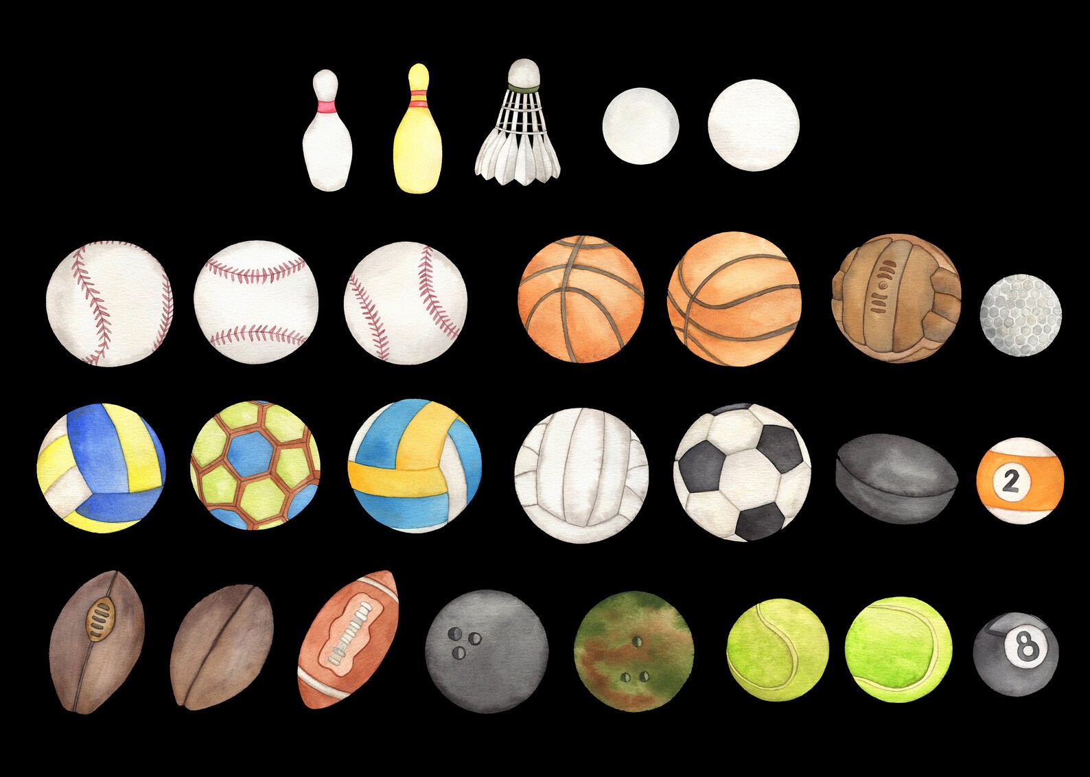Watercolor Sports Balls Clipart, Sports Clipart, Bowling Football ...