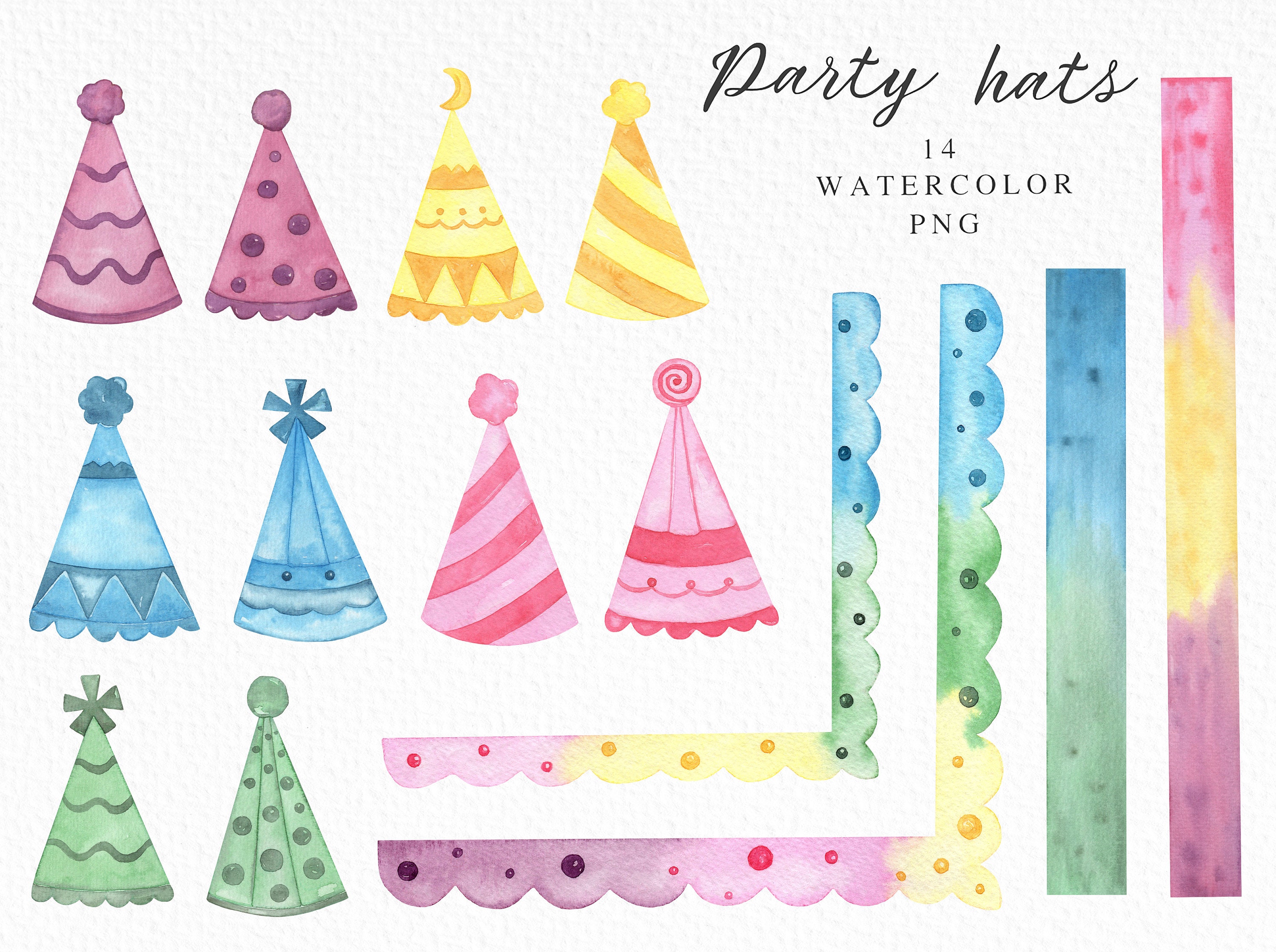 Watercolor Party Hats Clipart, Colorful Birthday Hats and Borders - Etsy