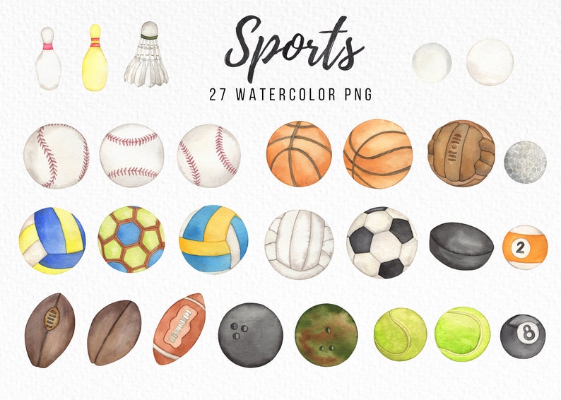 Watercolor Sports Balls Clipart, Sports Clipart, Bowling Football ...
