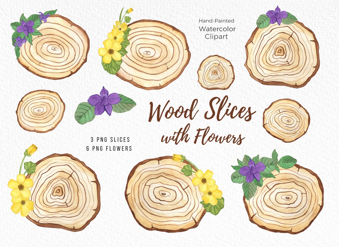 Watercolor Wood Slice Clipart, Violet Yellow Spring Flowers, Rustic ...