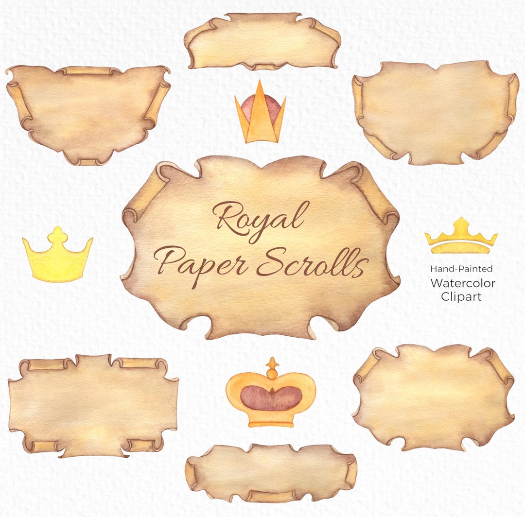 Watercolor Paper Scrolls Clipart, Crowns Clipart, Royal Vintage Old ...