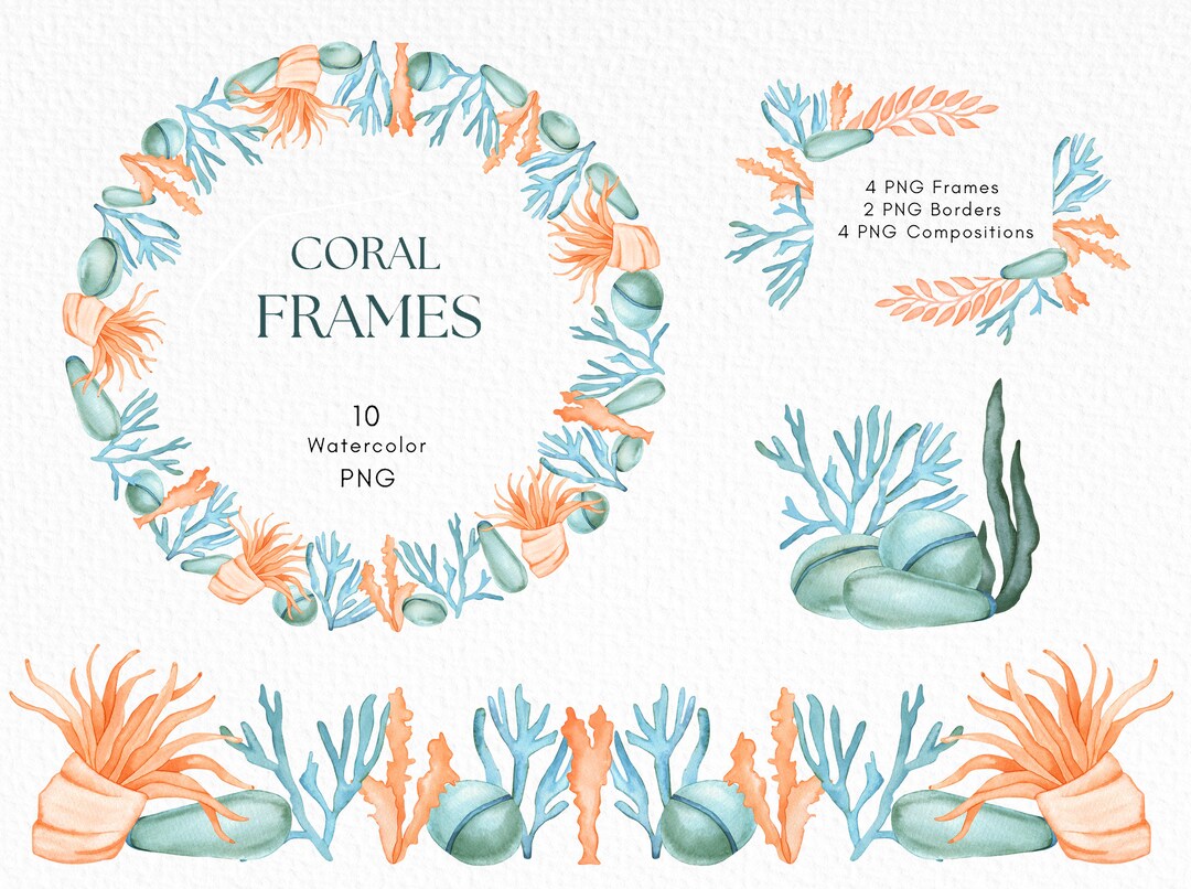 Watercolor Coral Frames Clipart, Ocean Frames, Underwater Frames PNG - Etsy