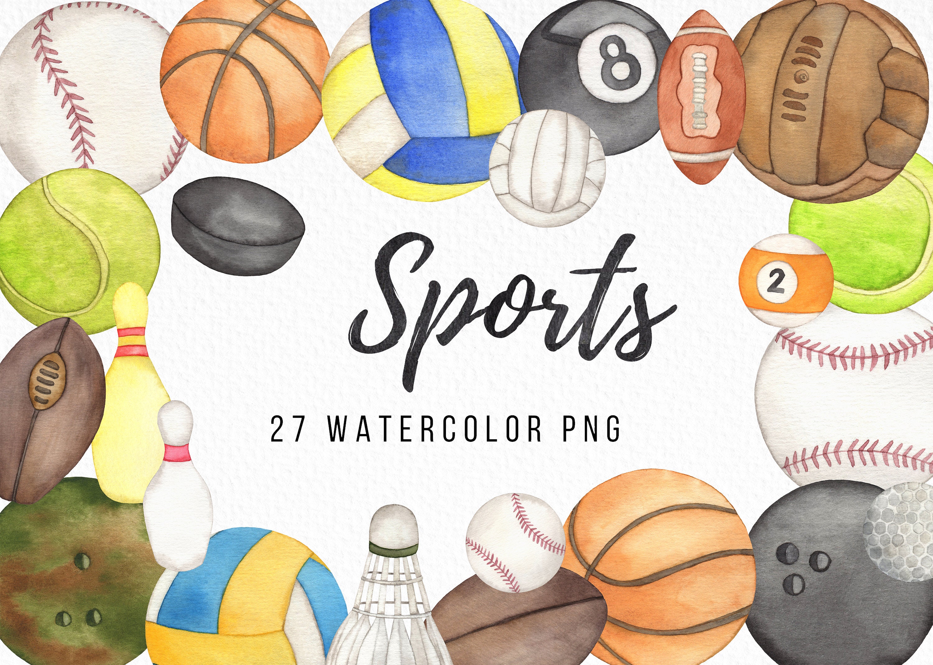 Watercolor Sports Balls Clipart, Sports Clipart, Bowling Football ...