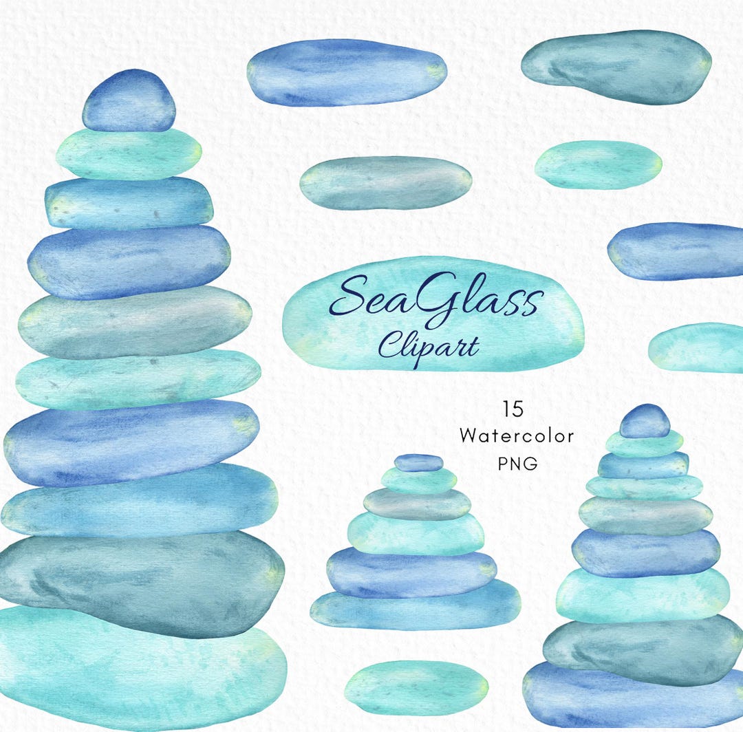 Watercolor Sea Glass Clipart, Marine Beach Clipart, Blue Sea Glass ...