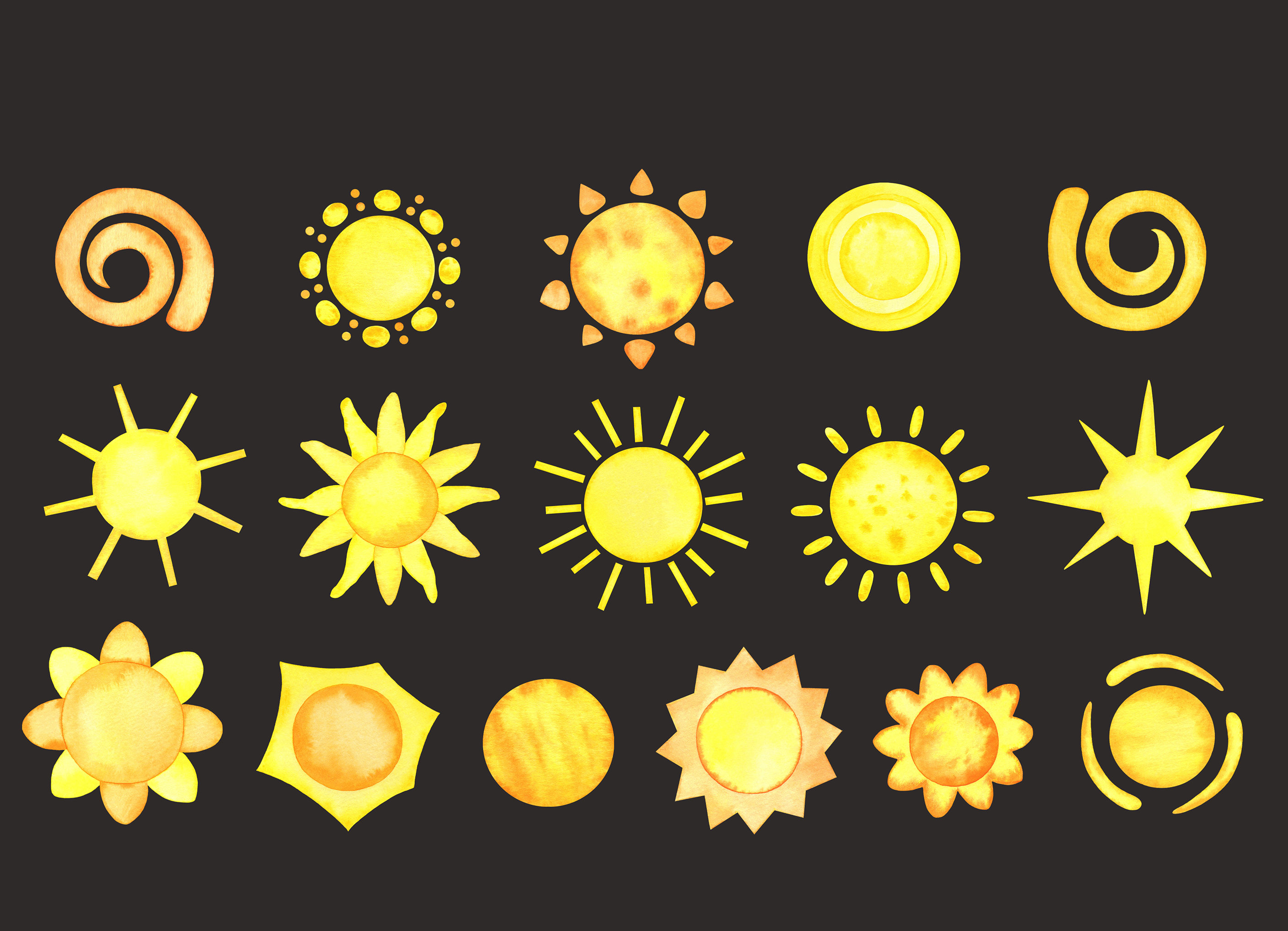 Watercolor Sun Clipart, Hand Painted Watercolor Sun Collection, Summer ...