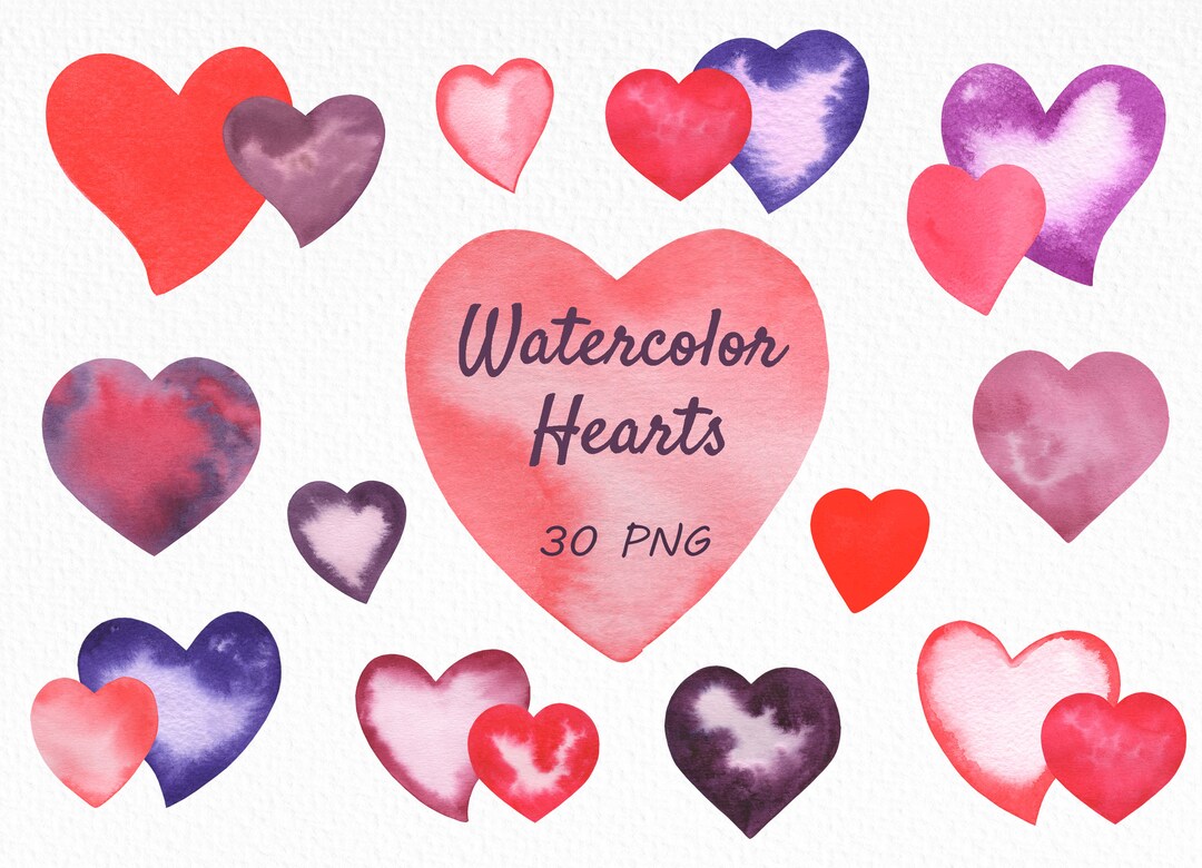 Watercolor Hearts Clipart, Hand Painted Red, Pink and Violet Love ...