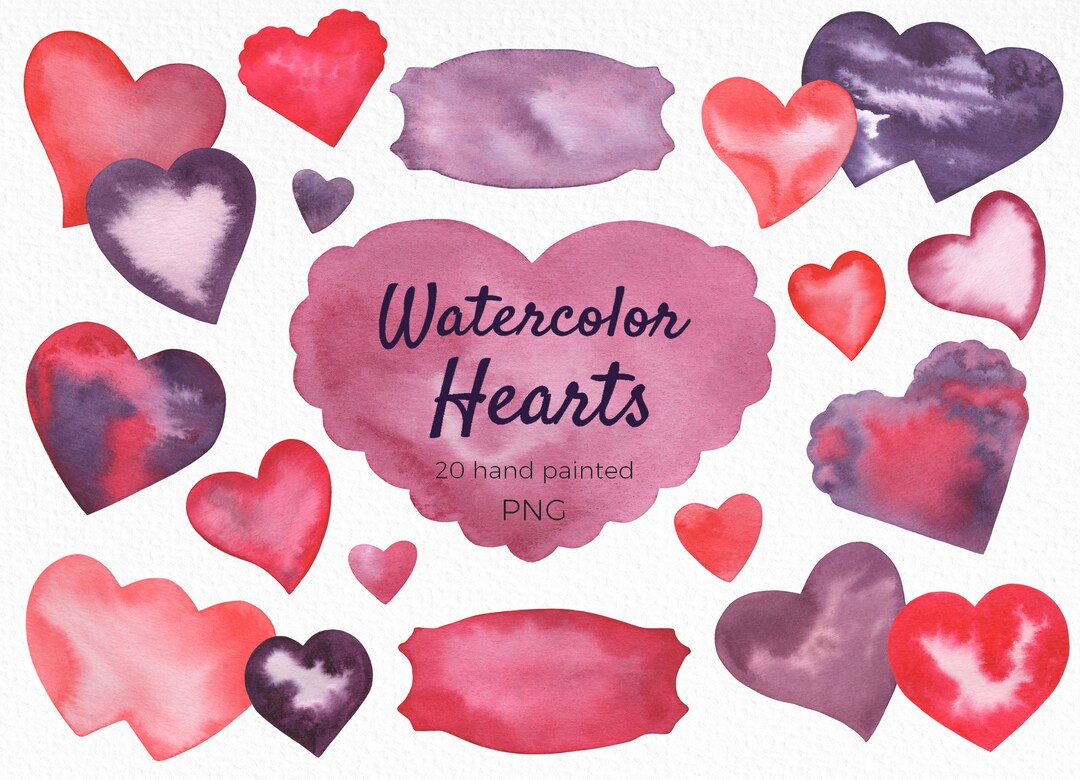 Watercolor Hearts Clipart, Hand Painted Red, Pink and Violet Love ...