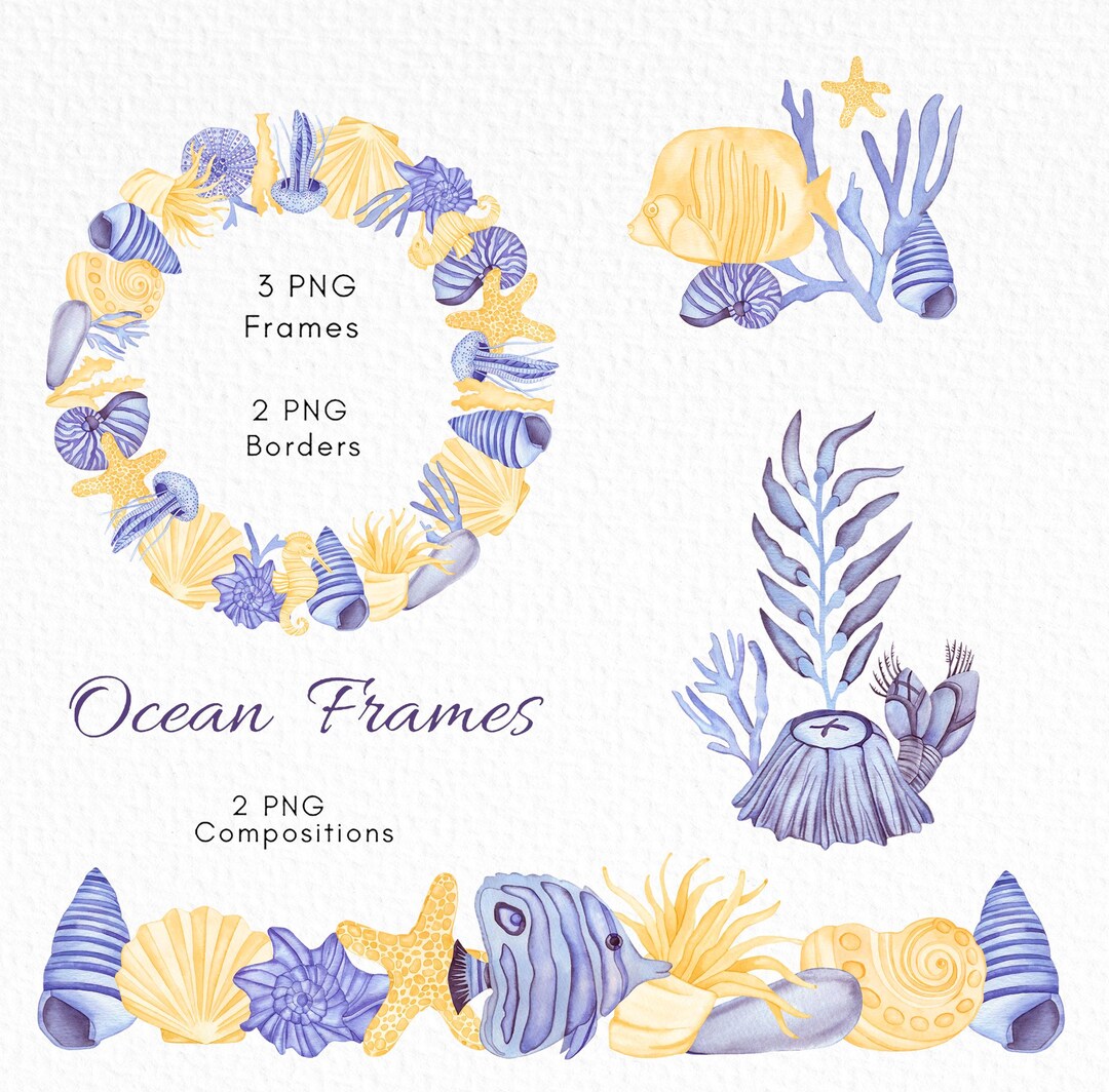 Watercolor Ocean Frames Clipart, Seashell Borders, Ocean Clipart ...