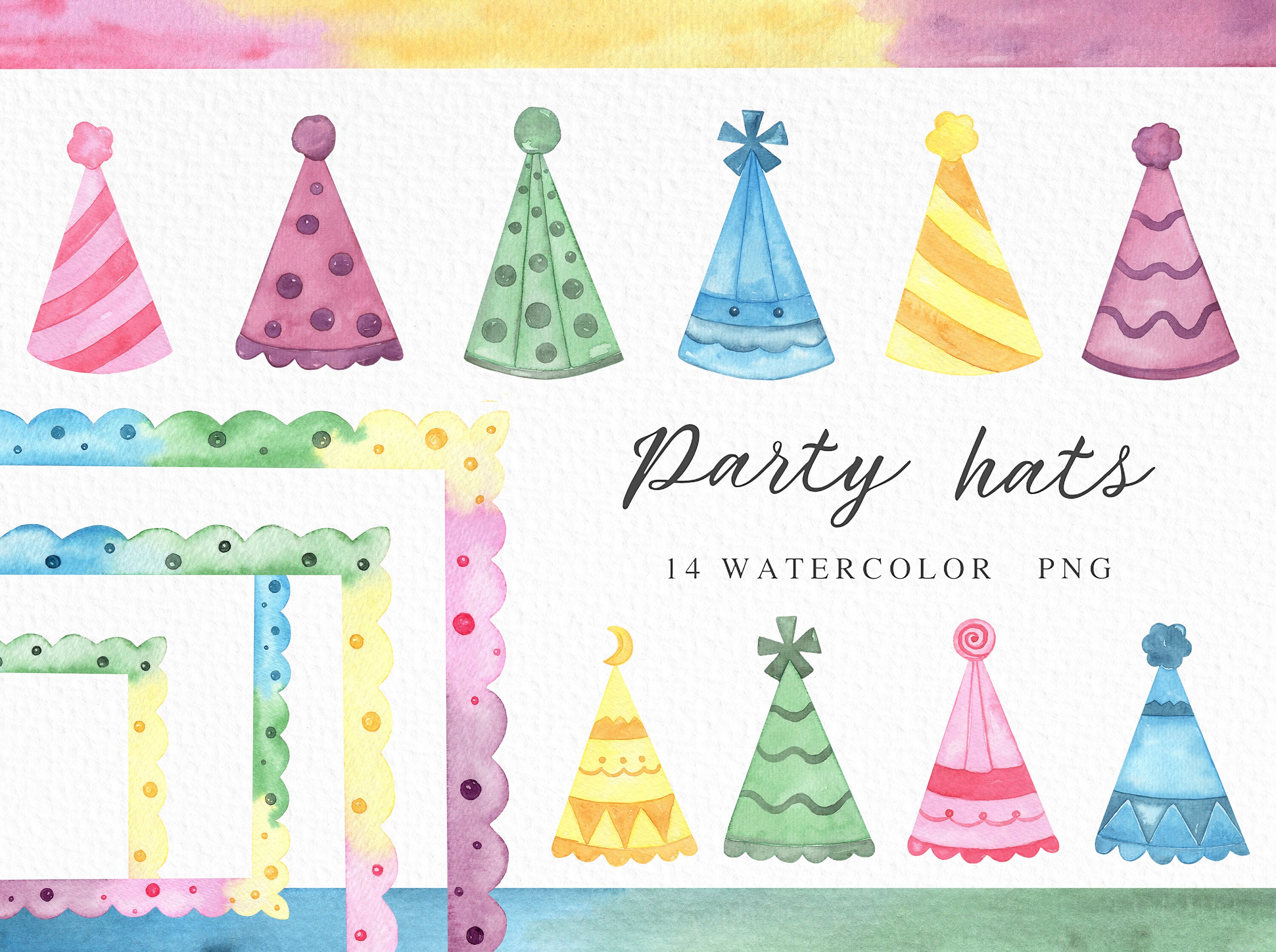 Watercolor Party Hats Clipart, Colorful Birthday Hats and Borders - Etsy