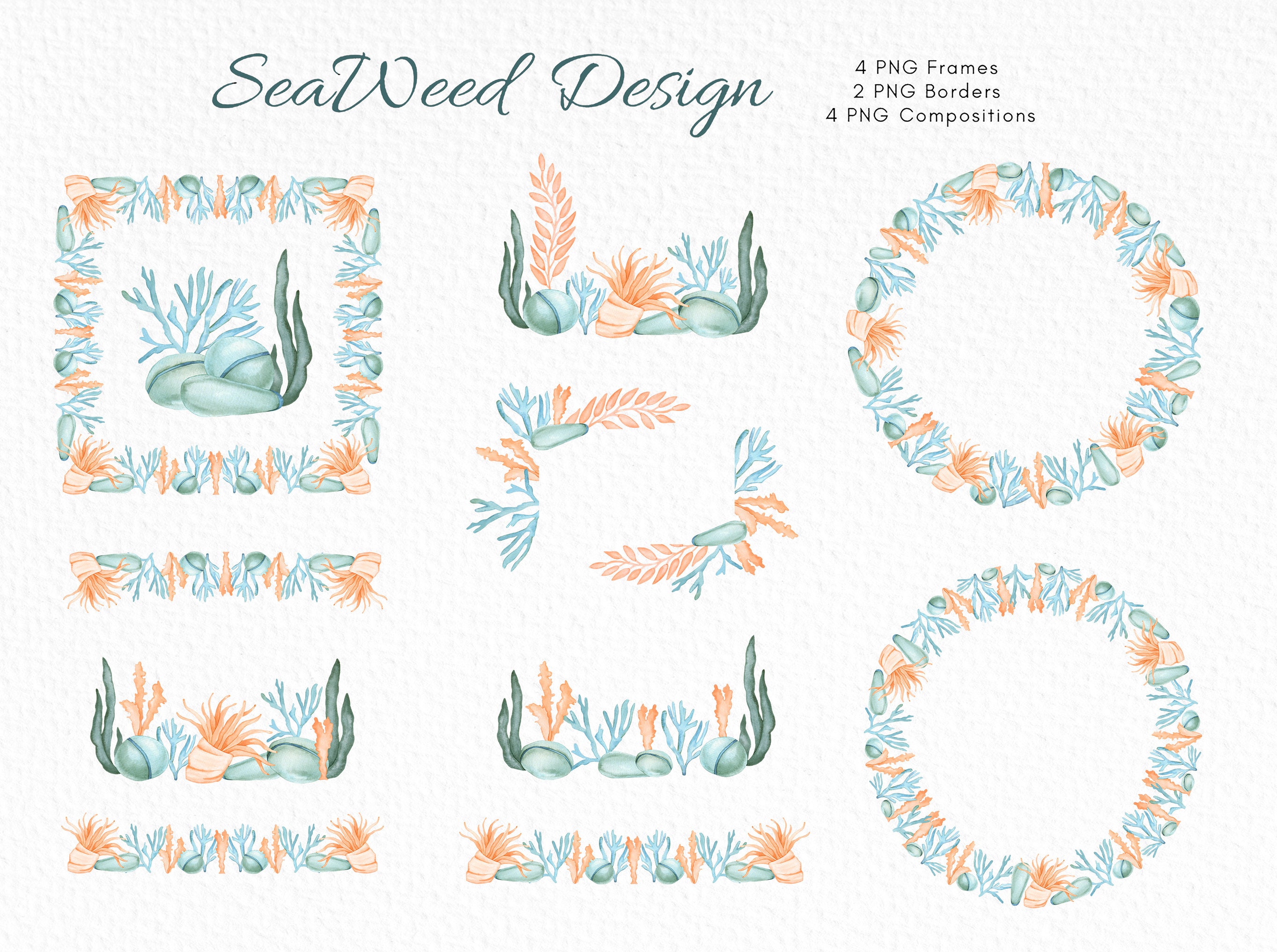 Watercolor Underwater Seaweed Frames Clipart Marine Plants - Etsy