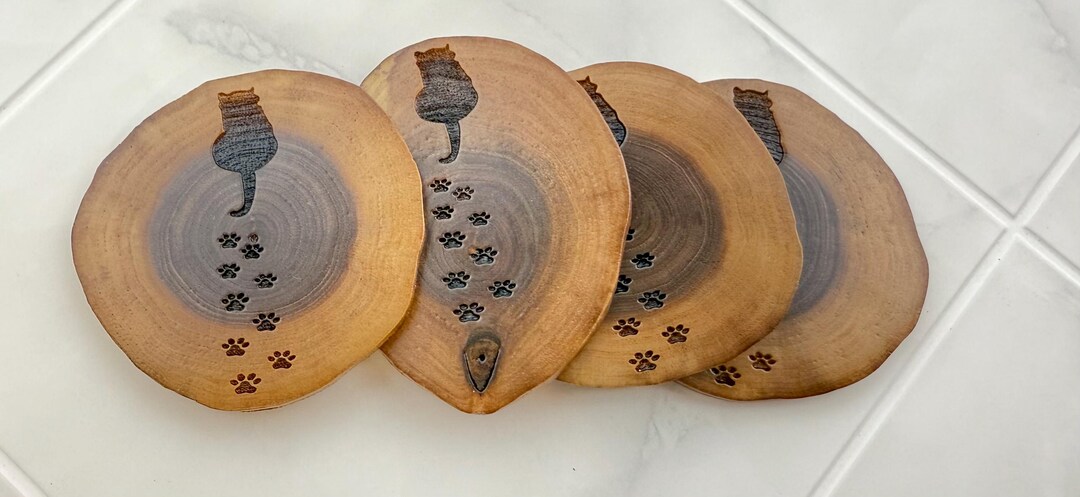Cat Footsteps Footprints Walnut Live Edge Drink Coasters Set of Four ...
