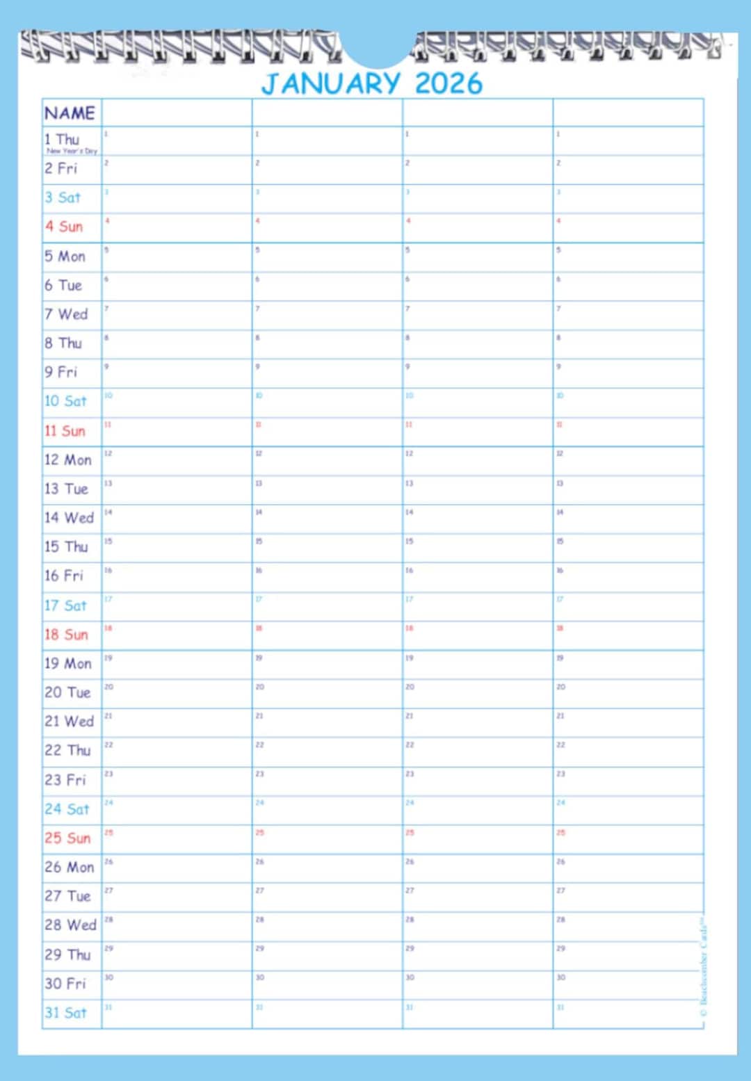 4 FAMILY CALENDAR 2026, A4 SIZE, British Made by Beachcomber Cards ...
