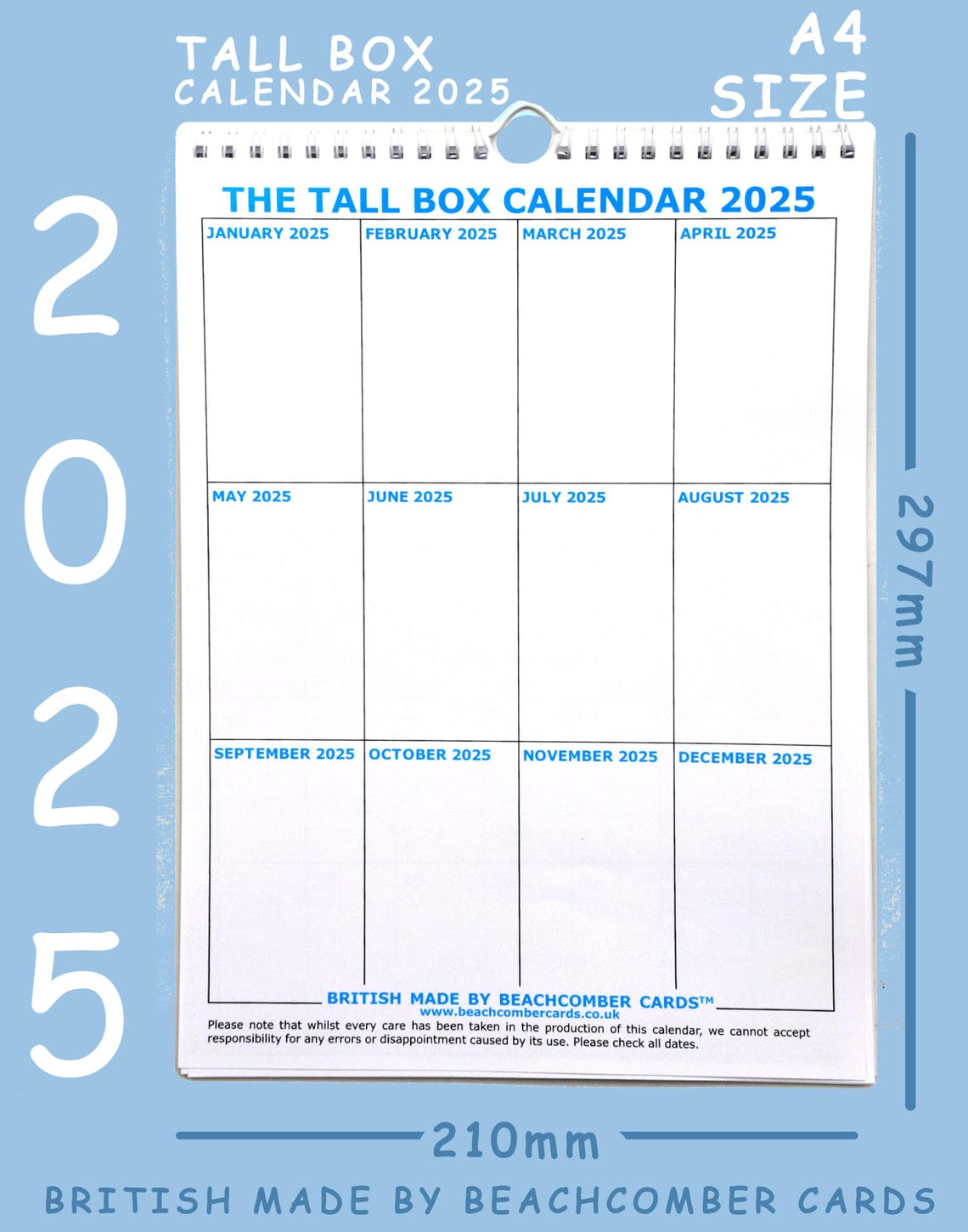 2025 CALENDAR, Tall Box, A4 Size, British Made - Etsy UK