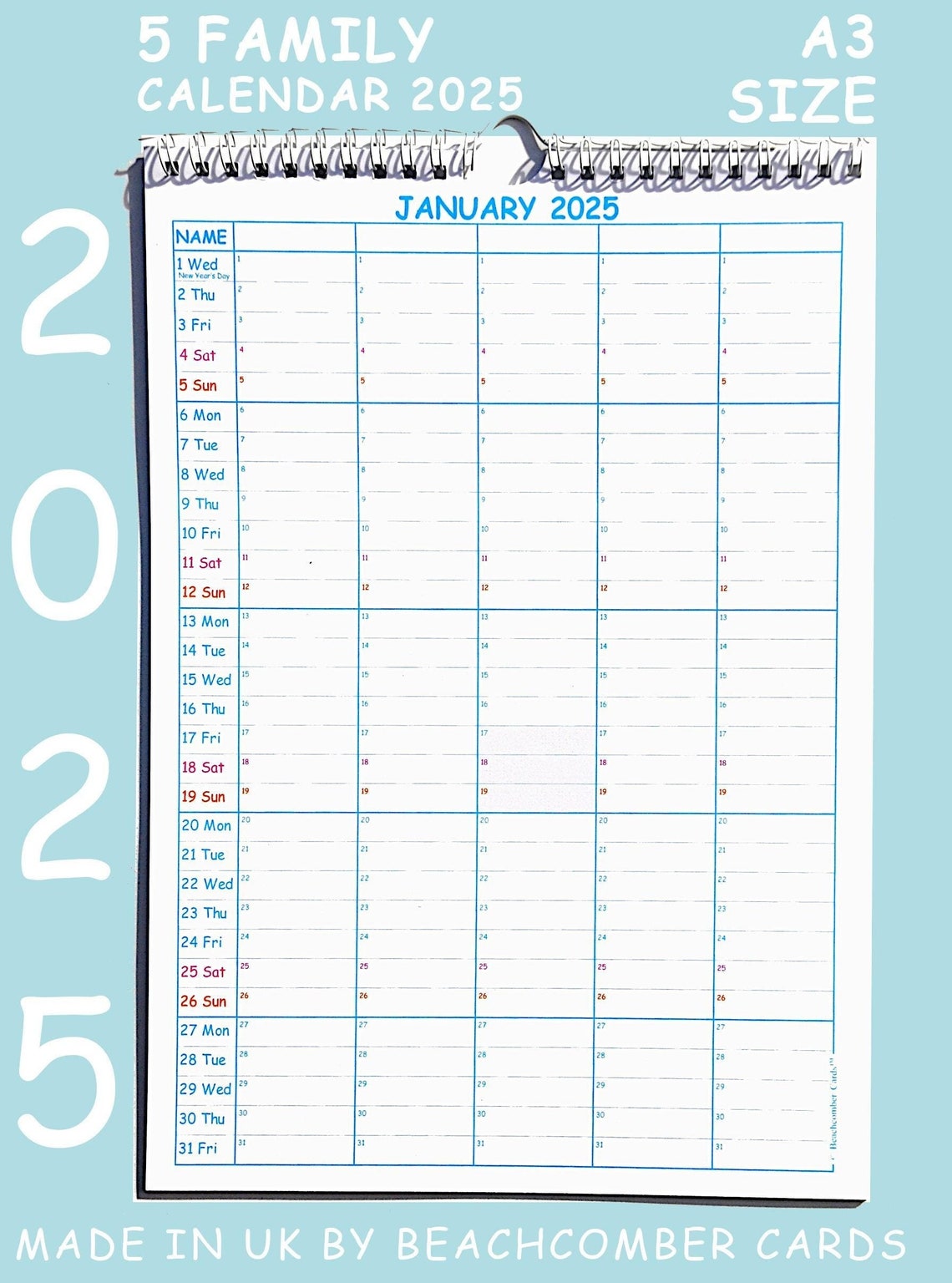 5 FAMILY CALENDAR 2025 - A3 SIZE - Etsy UK