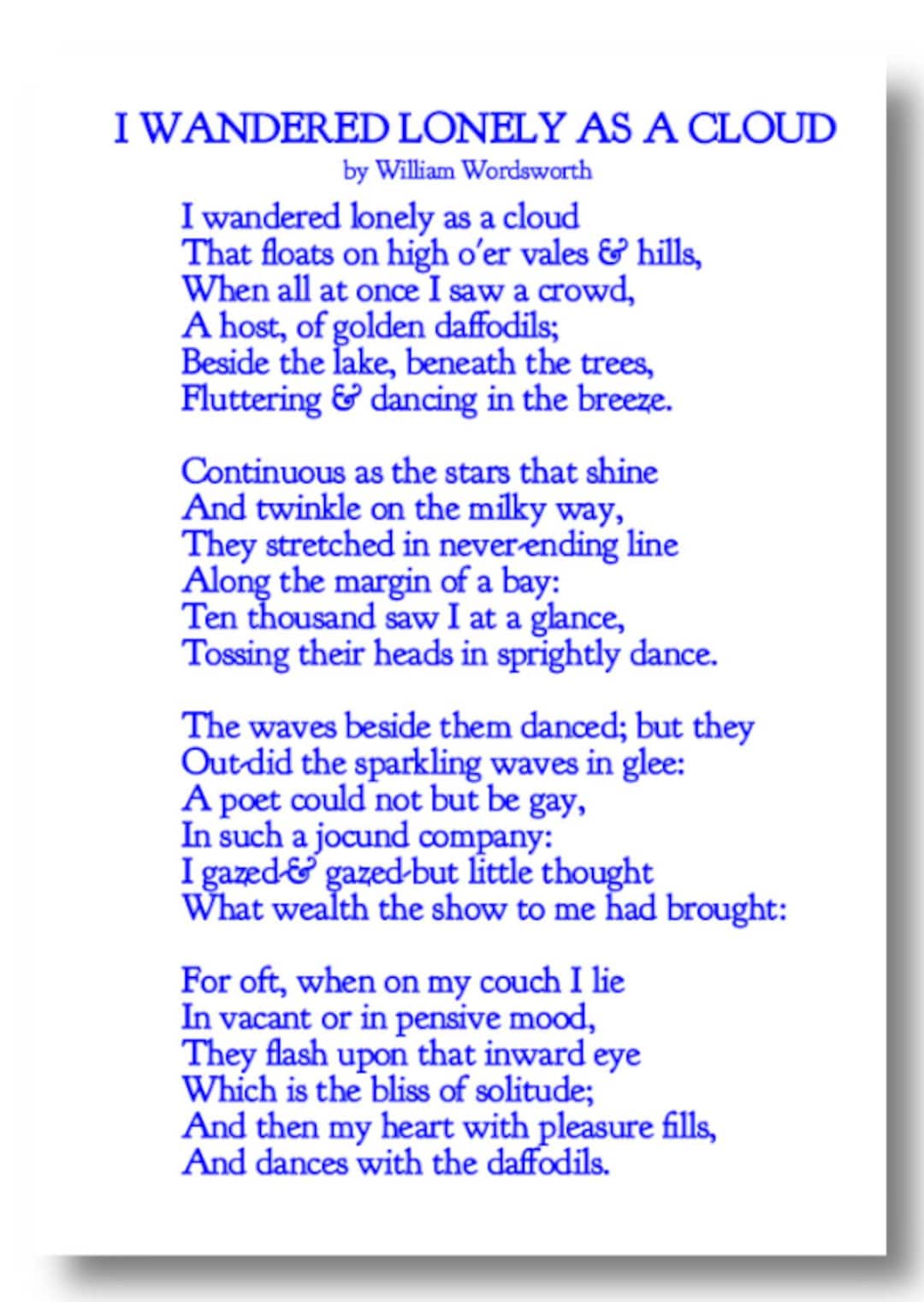 I WANDERED LONELY as a Cloud W. Wordsworth Poem Greeting Card - Etsy UK